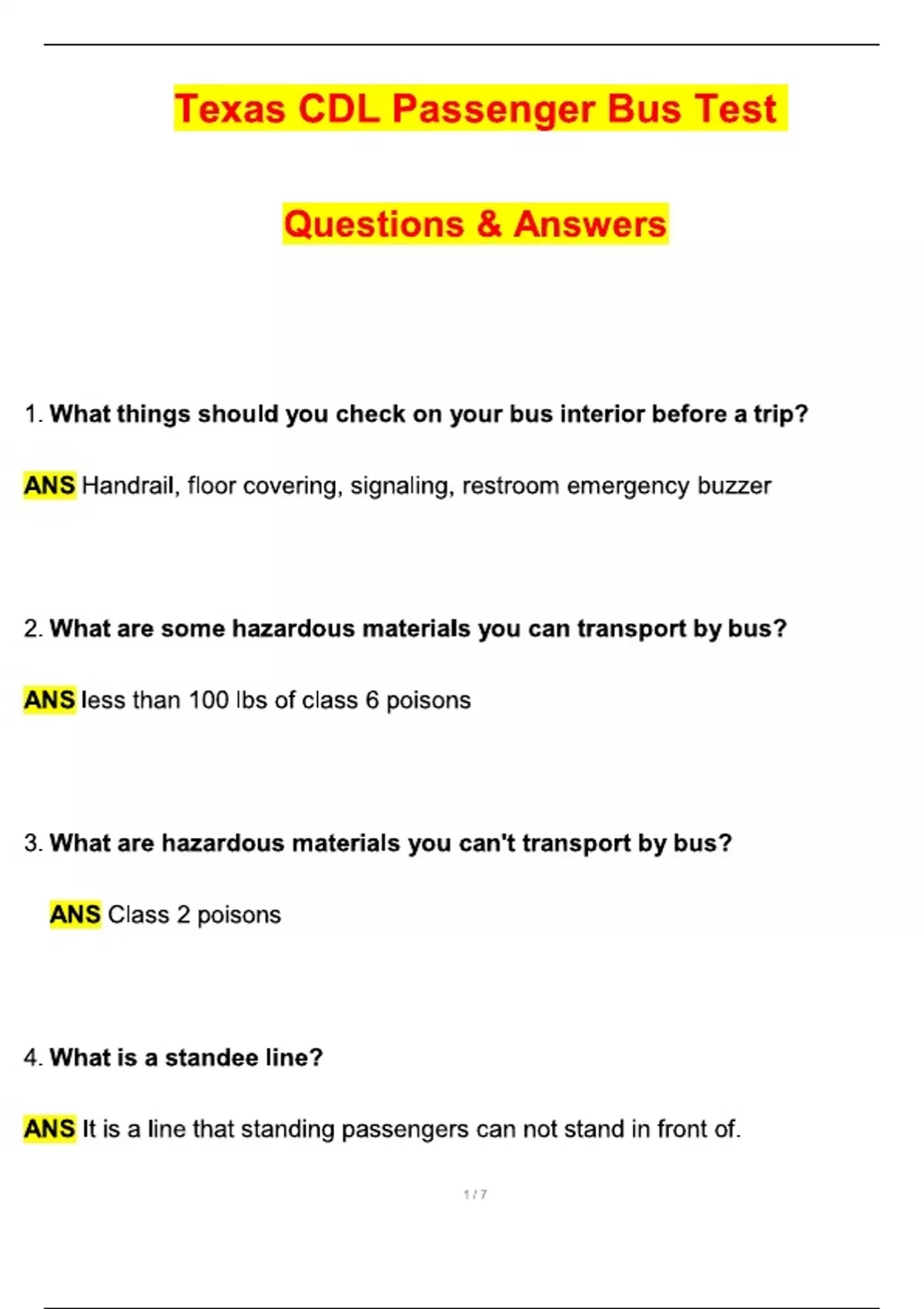 CDL Passenger Bus Test Texas Latest Actual 2025 Questions & Verified ...
