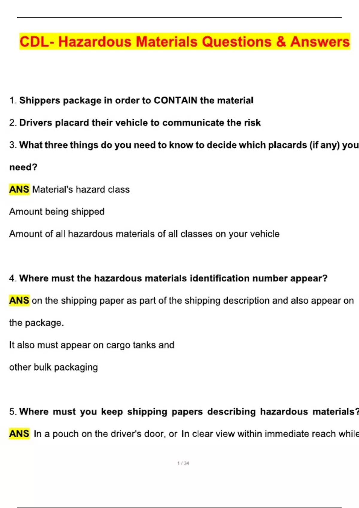 CDL Hazardous Materials Exam Latest Actual 2025 Questions & Verified ...