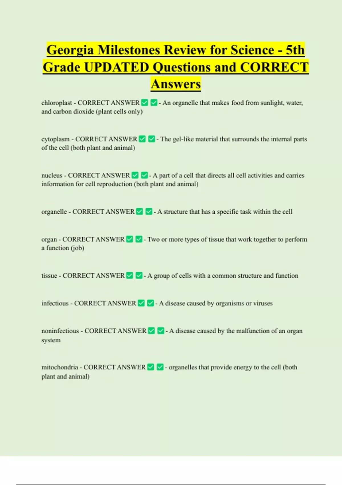 Georgia Milestones Review for Science - 5th Grade UPDATED Questions and ...