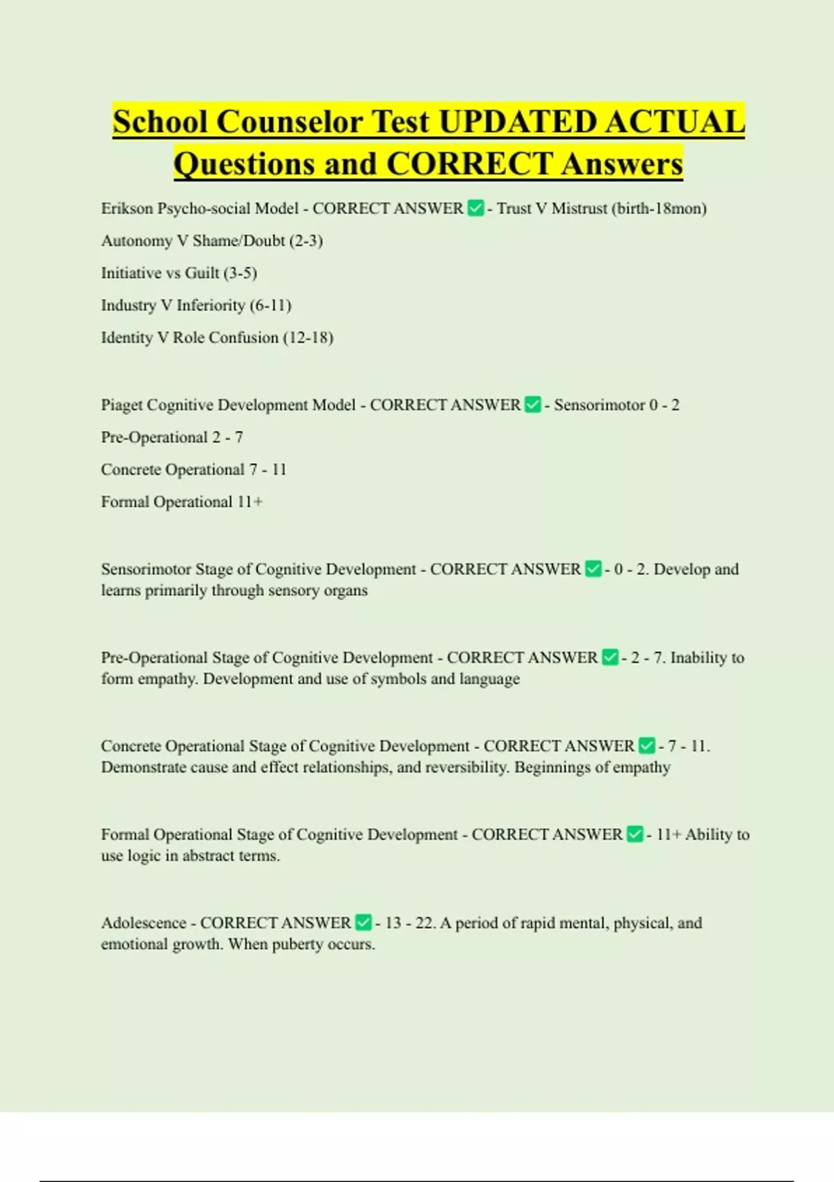 School Counselor Test UPDATED ACTUAL Questions and CORRECT Answers ...