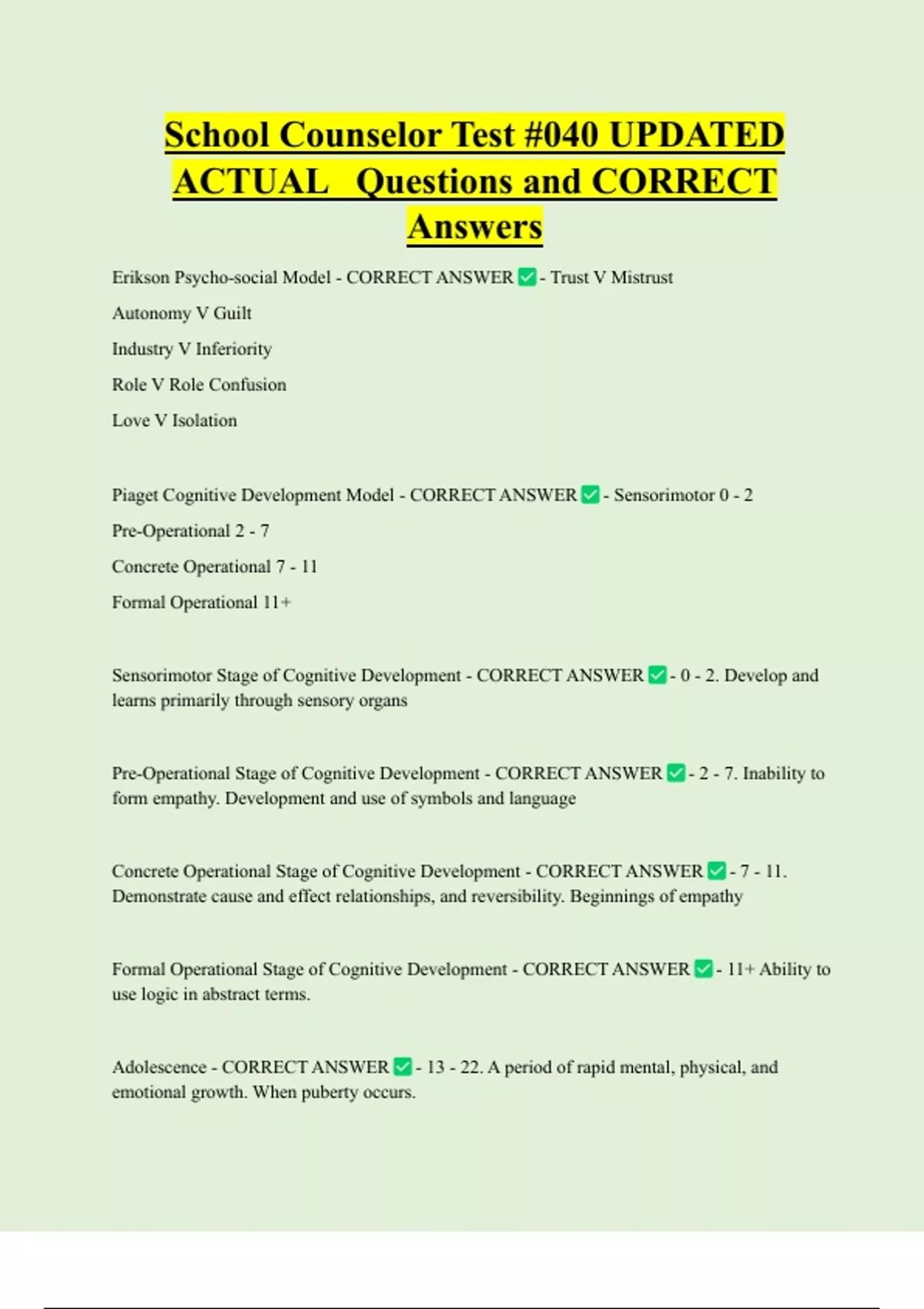 School Counselor Test #040 UPDATED ACTUAL Questions and CORRECT Answers ...