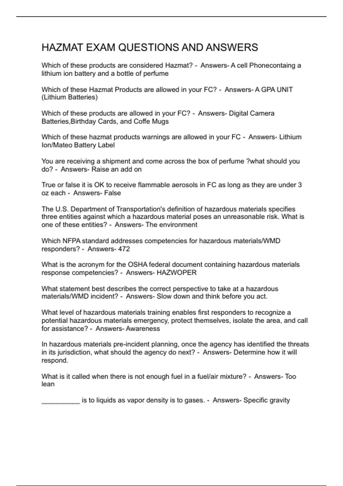 HAZMAT EXAM QUESTIONS AND ANSWERS - HAZMAT CBOLC - Stuvia US