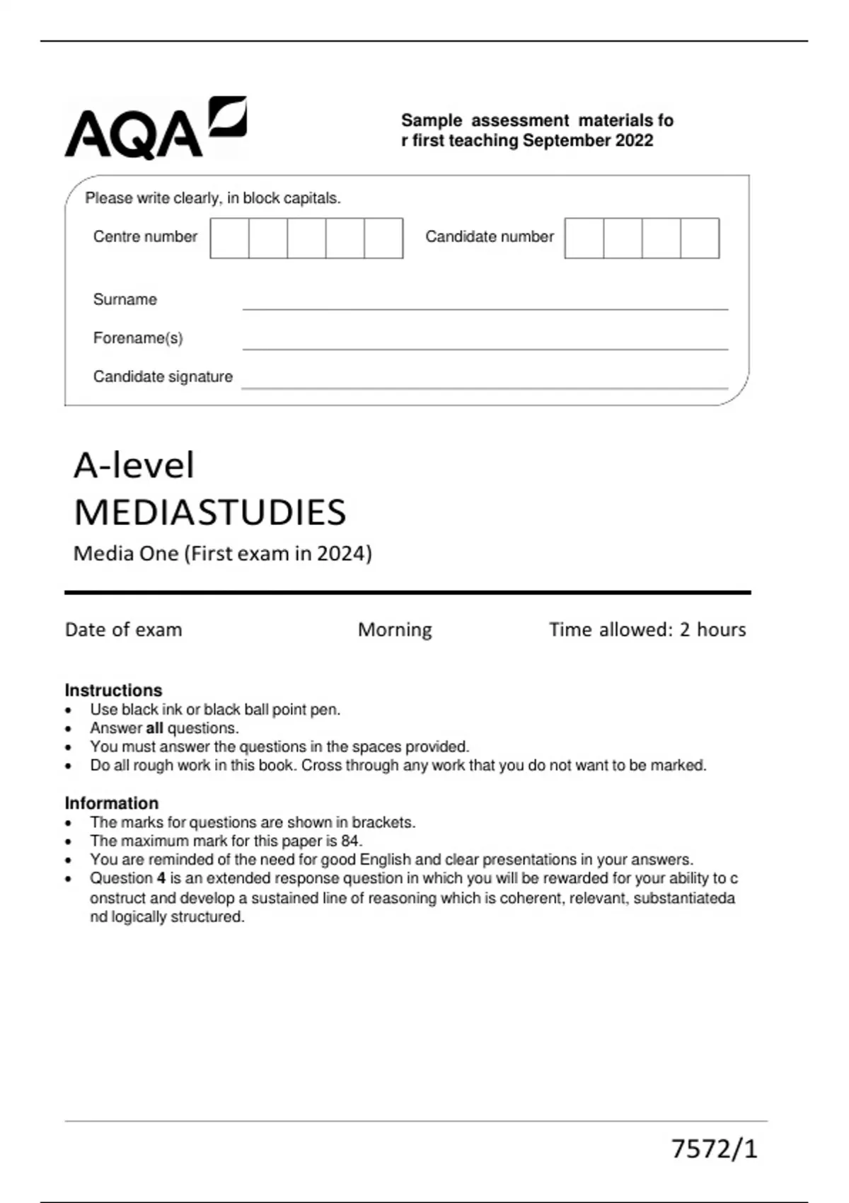 AQA A-level MEDIA STUDIES Media One (First exam in 2024) - AQA A-level ...