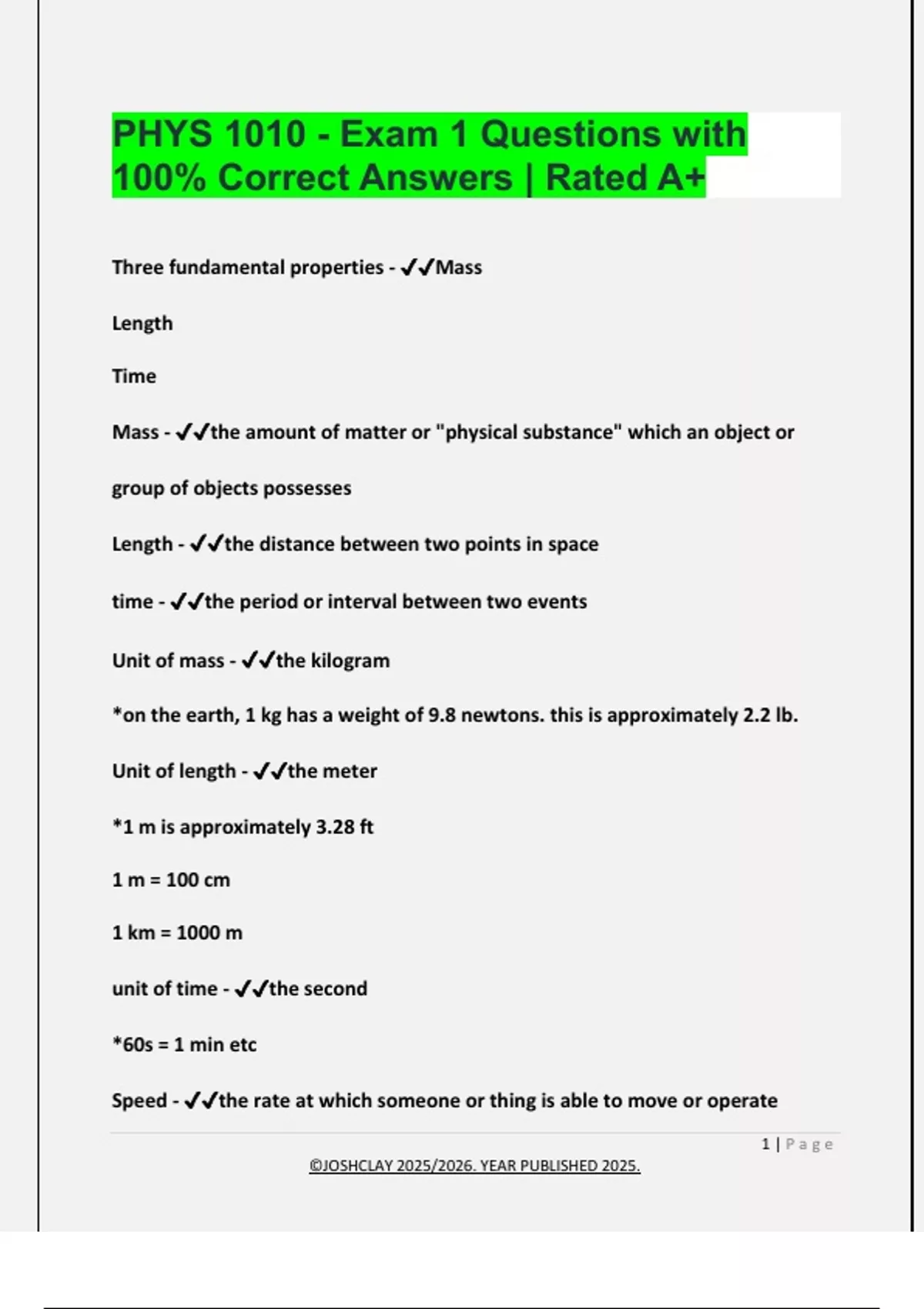PHYS 1010 - Exam 1 Questions with 100% Correct Answers | Rated A+ - PHYS 1010 - Stuvia US
