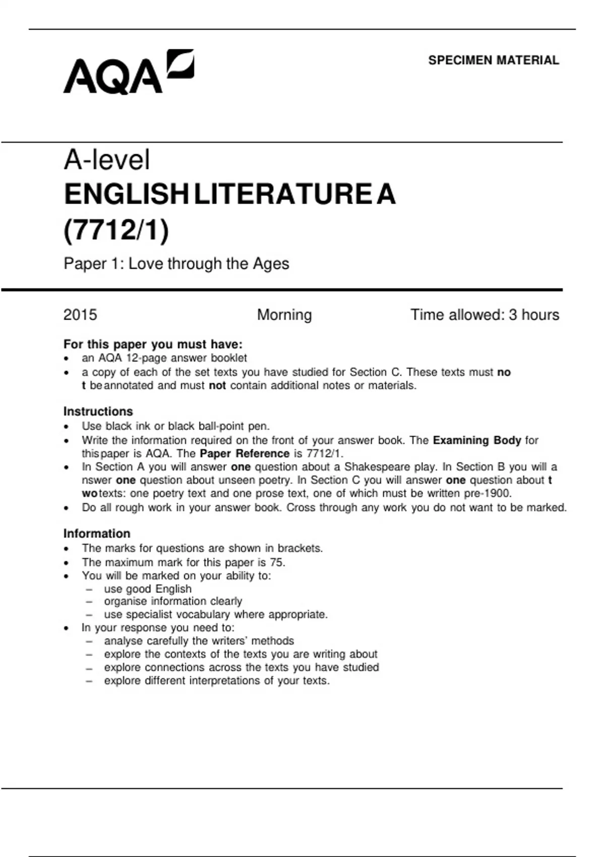 AQA A-level ENGLISH LITERATURE A (77121) Paper 1 Love through the Age - AQA A-level ENGLISH ...