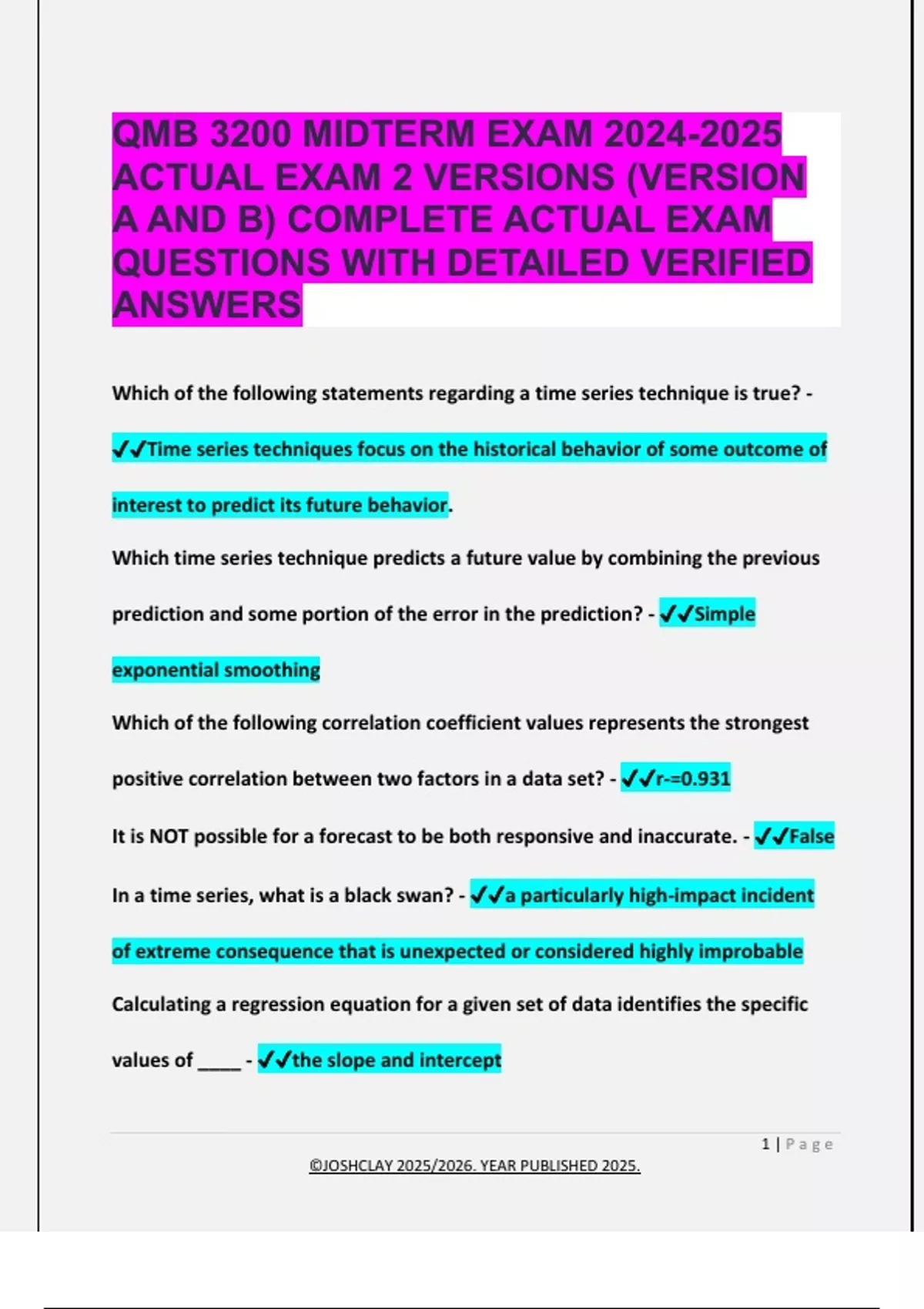 QMB 3200 MIDTERM EXAM ACTUAL EXAM 2 VERSIONS (VERSION A AND B) COMPLETE ...