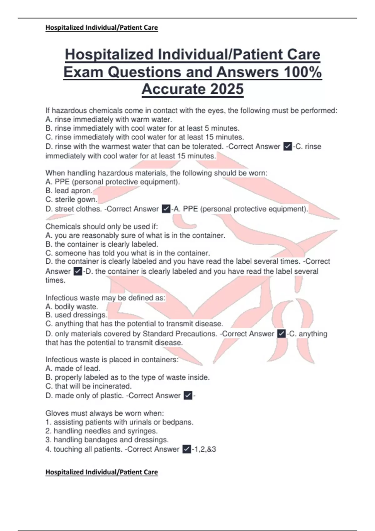 Hospitalized Individual/Patient Care Exam Questions and Answers 100% ...