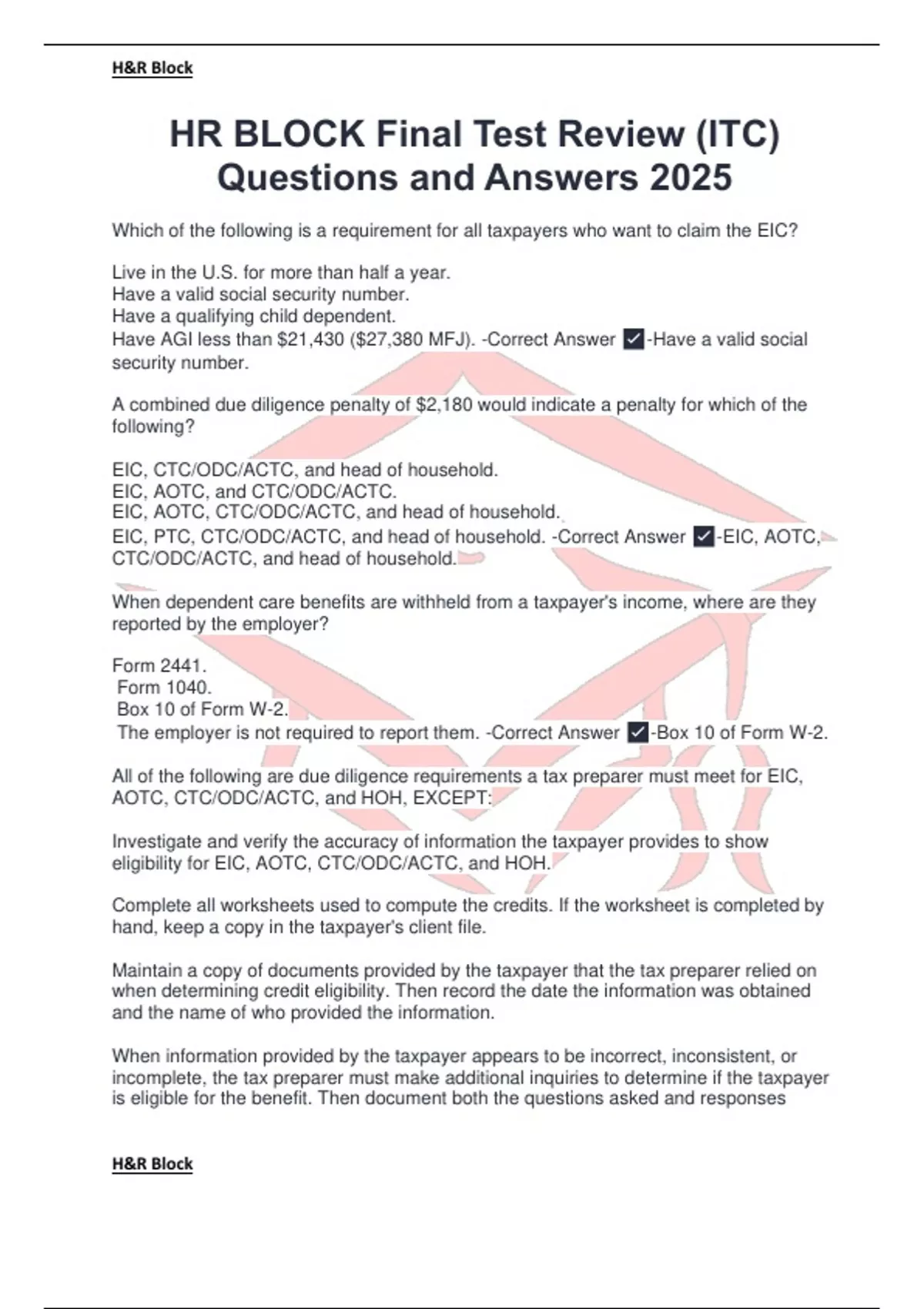 HR BLOCK Final Test Review (ITC) Questions and Answers 2025 - HR BLOCK ...