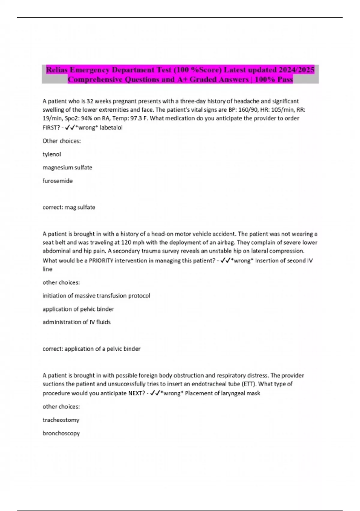 Relias Emergency Department Test (100 %Score) Latest updated 2024/2025 ...