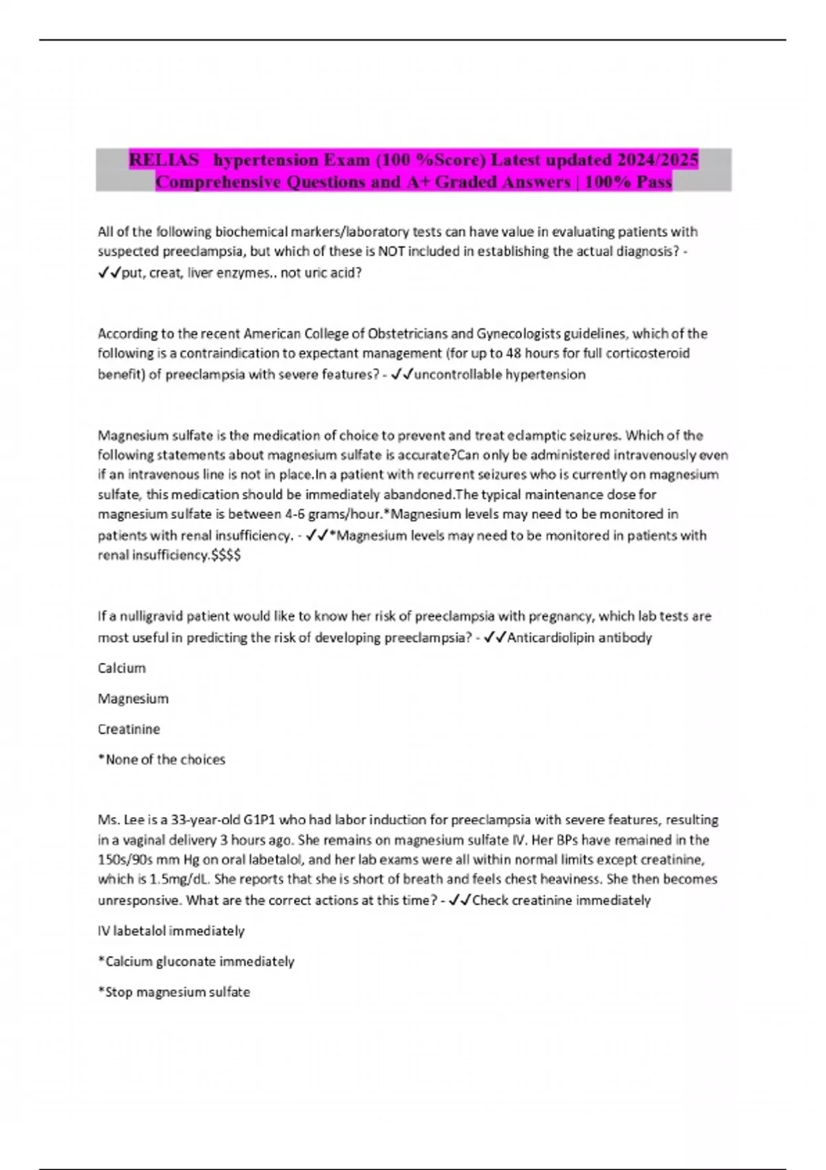 RELIAS hypertension Exam (100 %Score) Latest updated 2024/2025 ...