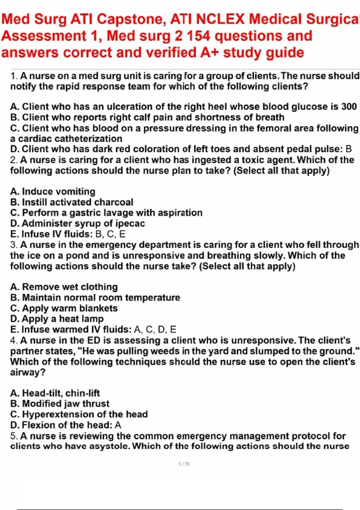 Med Surg ATI Capstone, ATI NCLEX Medical Surgical Assessment 1, Med surg 2 154 questions and ...
