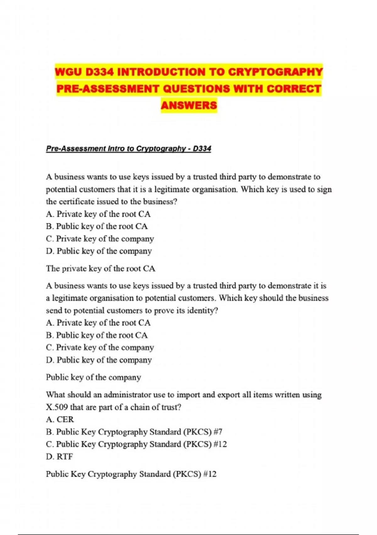 WGU D334 INTRODUCTION TO CRYPTOGRAPHY PRE-ASSESSMENT QUESTIONS WITH CORRECT ANSWERS - WGU D334 ...