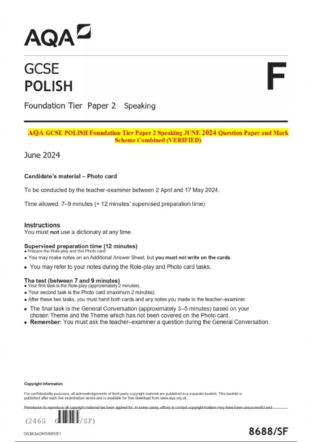 AQA GCSE POLISH Foundation Tier Paper 2 Speaking JUNE 2024 Question ...