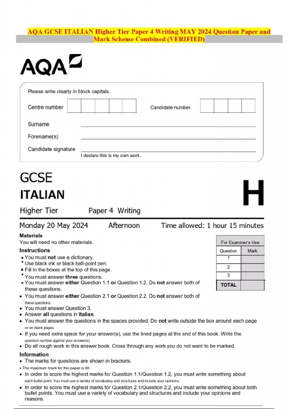 AQA GCSE ITALIAN Higher Tier Paper 4 Writing MAY 2024 Question Paper ...
