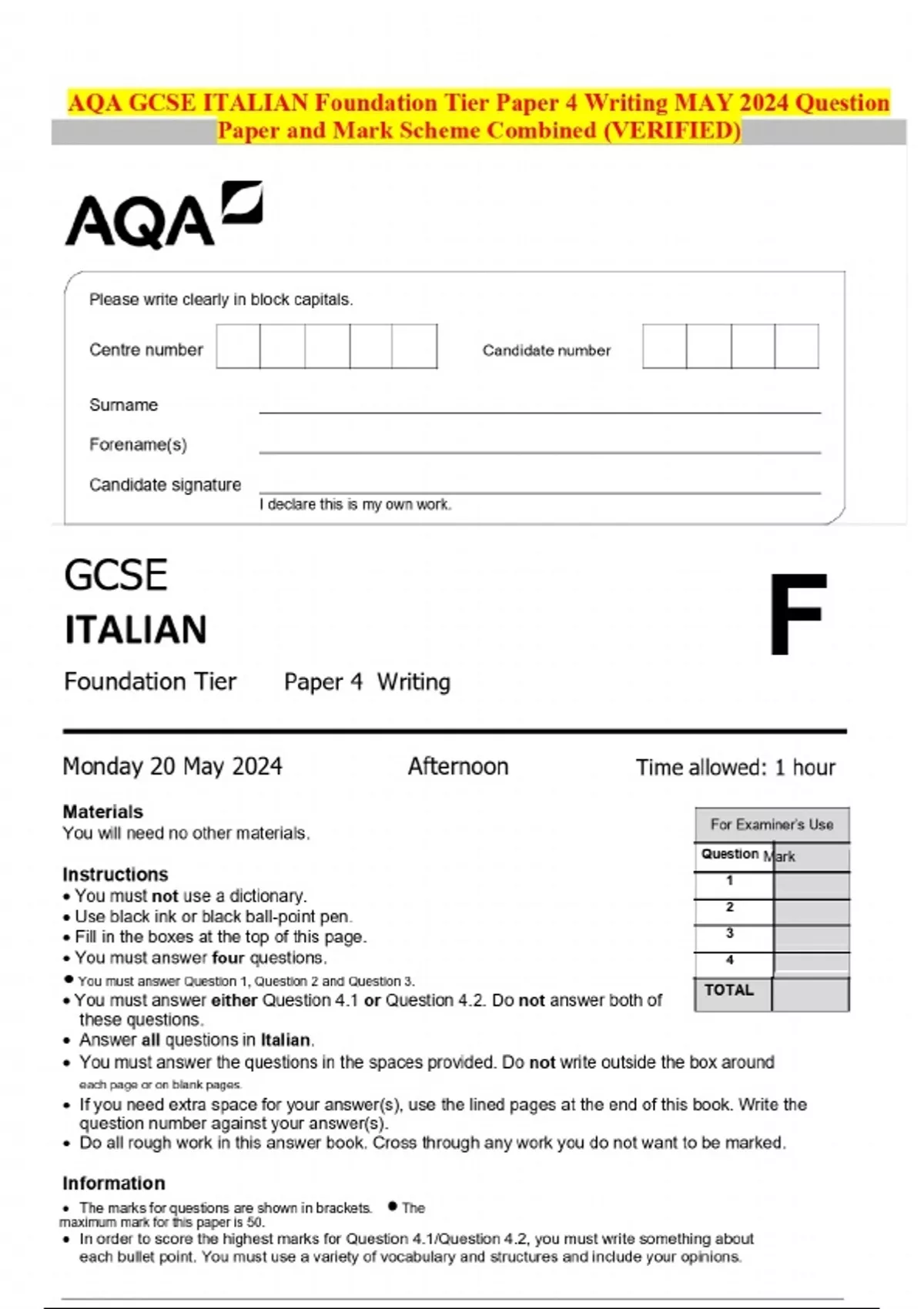 AQA GCSE ITALIAN Foundation Tier Paper 4 Writing MAY 2024 Question ...