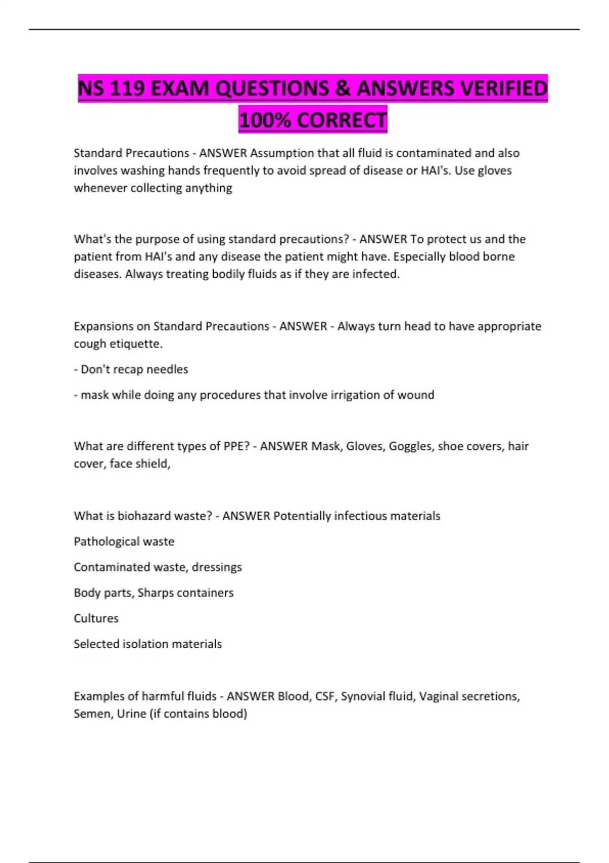 NS 119 EXAM QUESTIONS & ANSWERS VERIFIED 100% CORRECT - NS 119 - Stuvia US