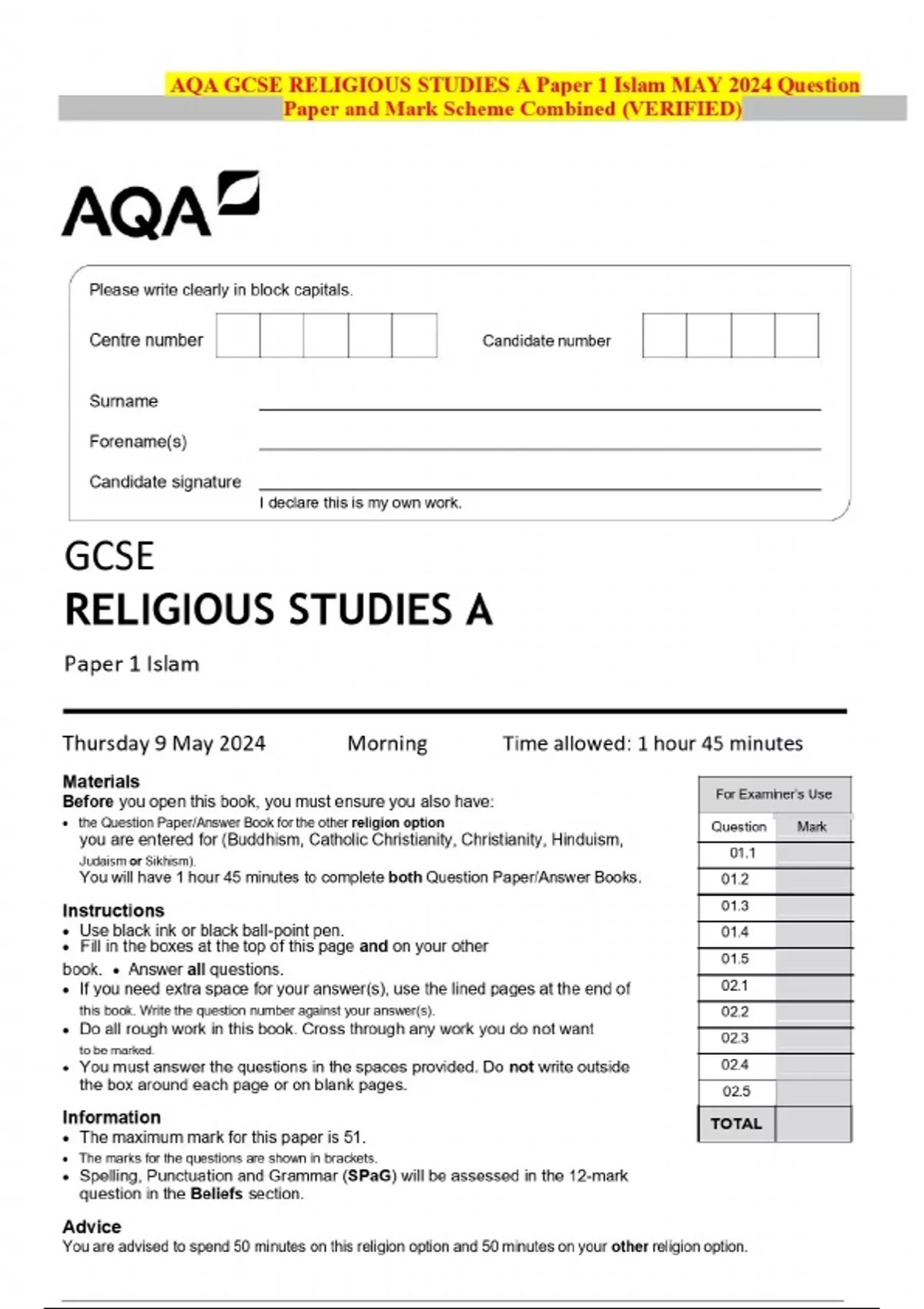 AQA GCSE RELIGIOUS STUDIES A Paper 1 Islam MAY 2024 Question Paper and ...