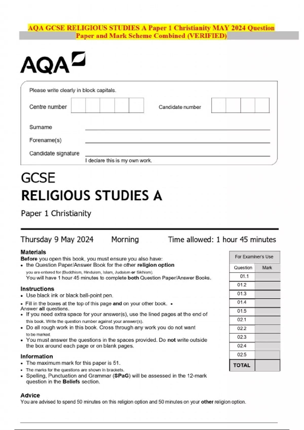AQA GCSE RELIGIOUS STUDIES A Paper 1 Christianity MAY 2024 Question ...