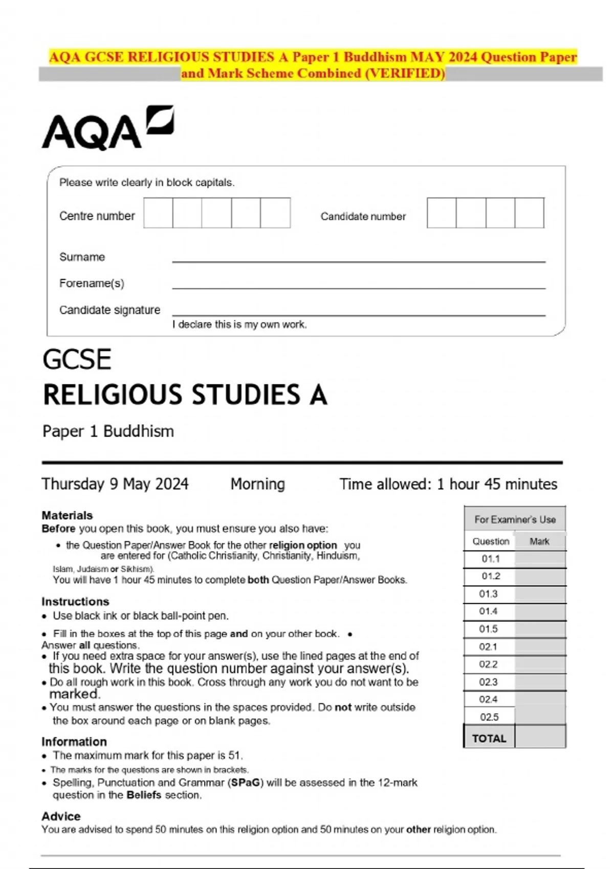 AQA GCSE RELIGIOUS STUDIES A Paper 1 Buddhism MAY 2024 Question Paper ...