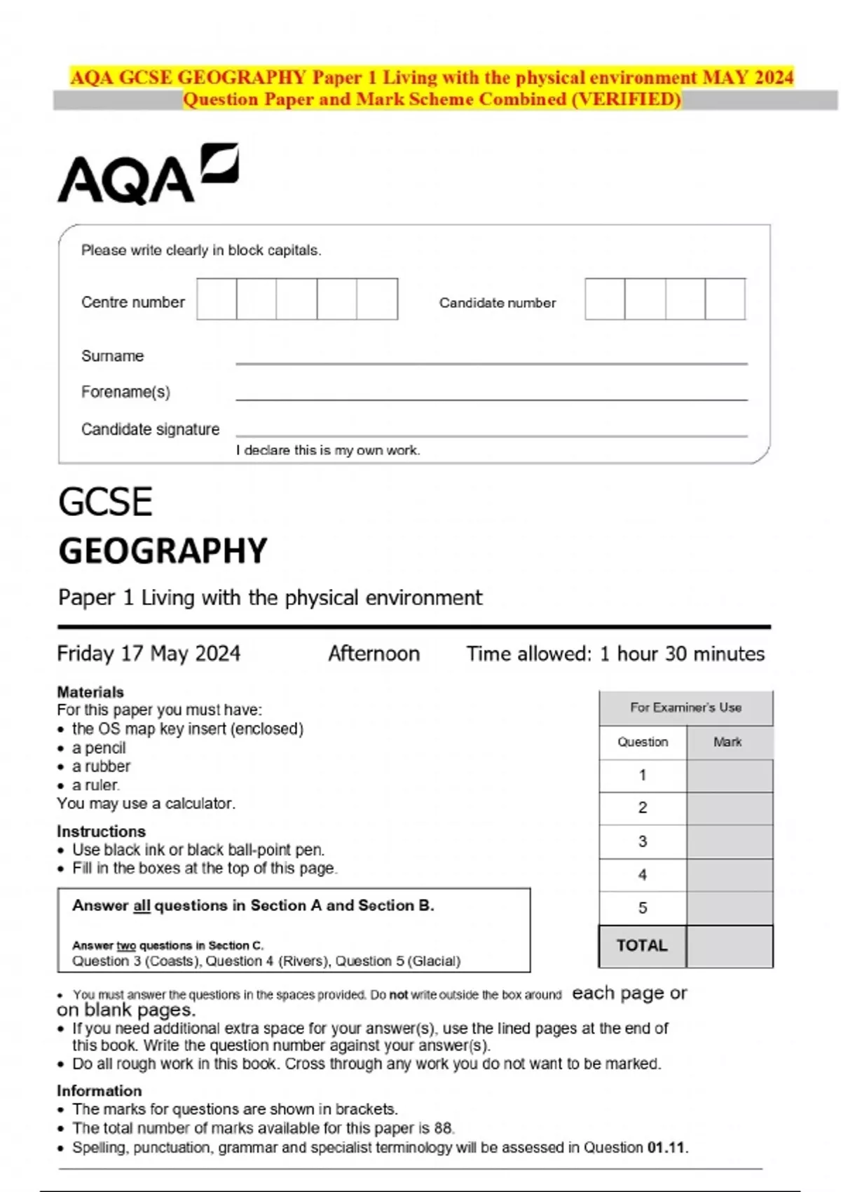 AQA GCSE GEOGRAPHY Paper 1 Living with the physical environment MAY ...