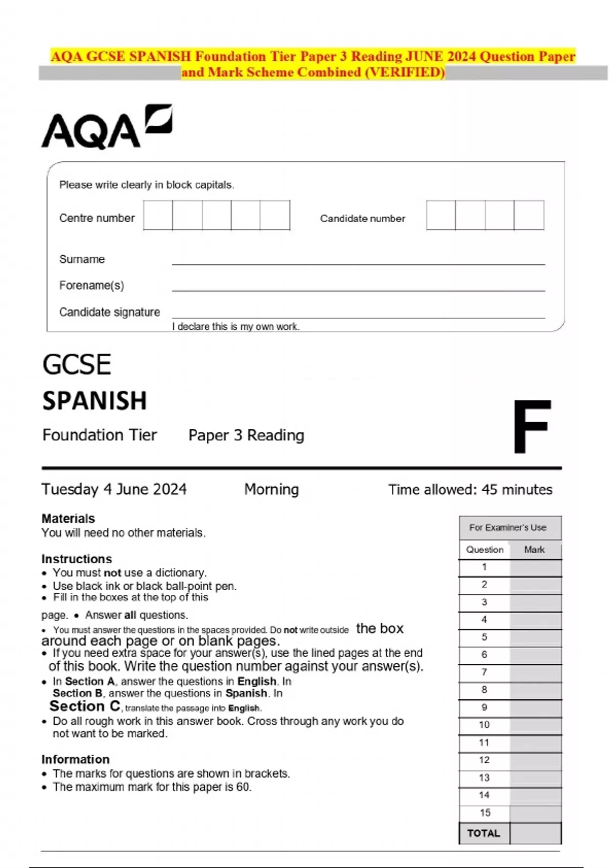 AQA GCSE SPANISH Foundation Tier Paper 3 Reading JUNE 2024 Question ...