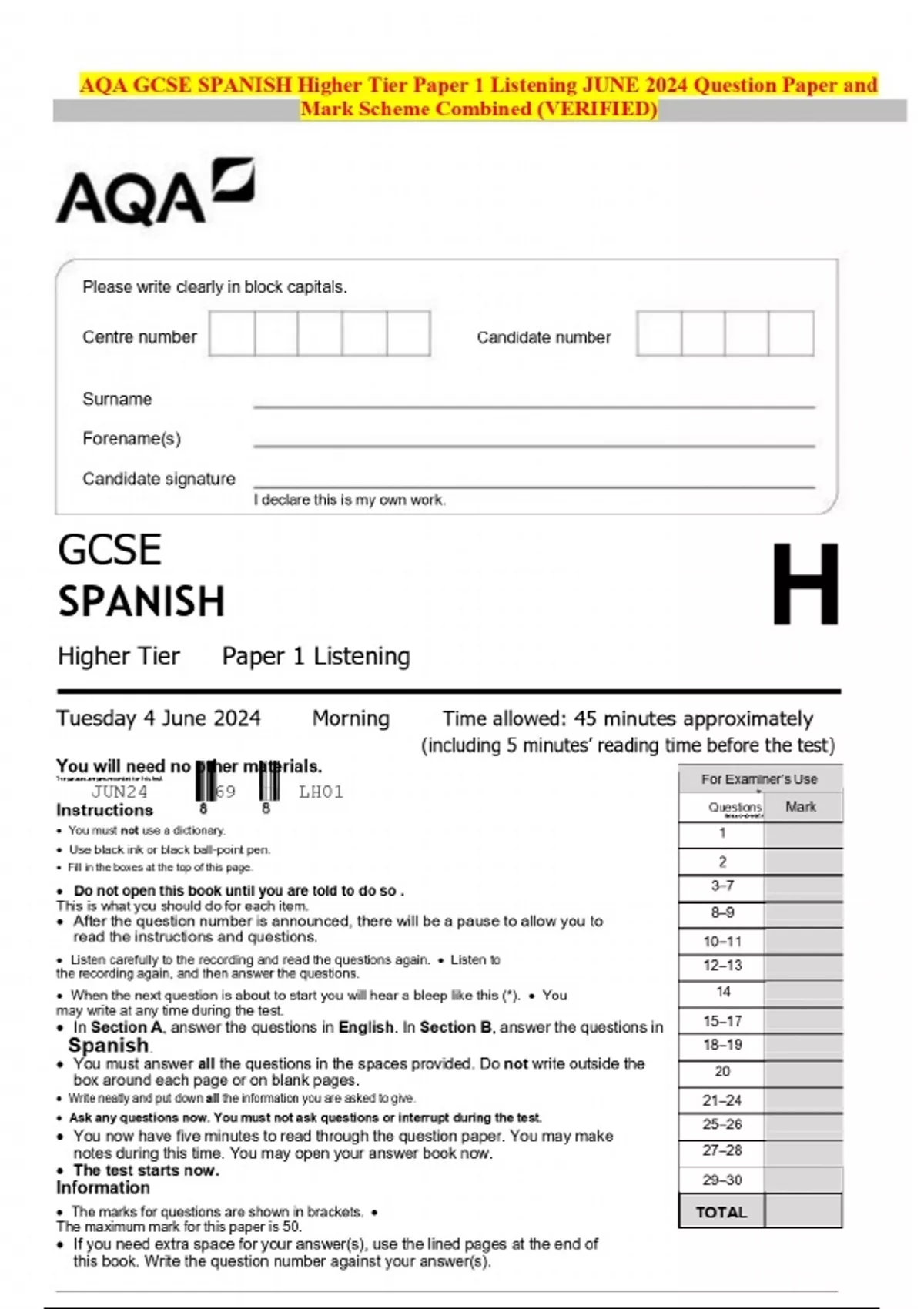 AQA GCSE SPANISH Higher Tier Paper 1 Listening JUNE 2024 Question Paper ...