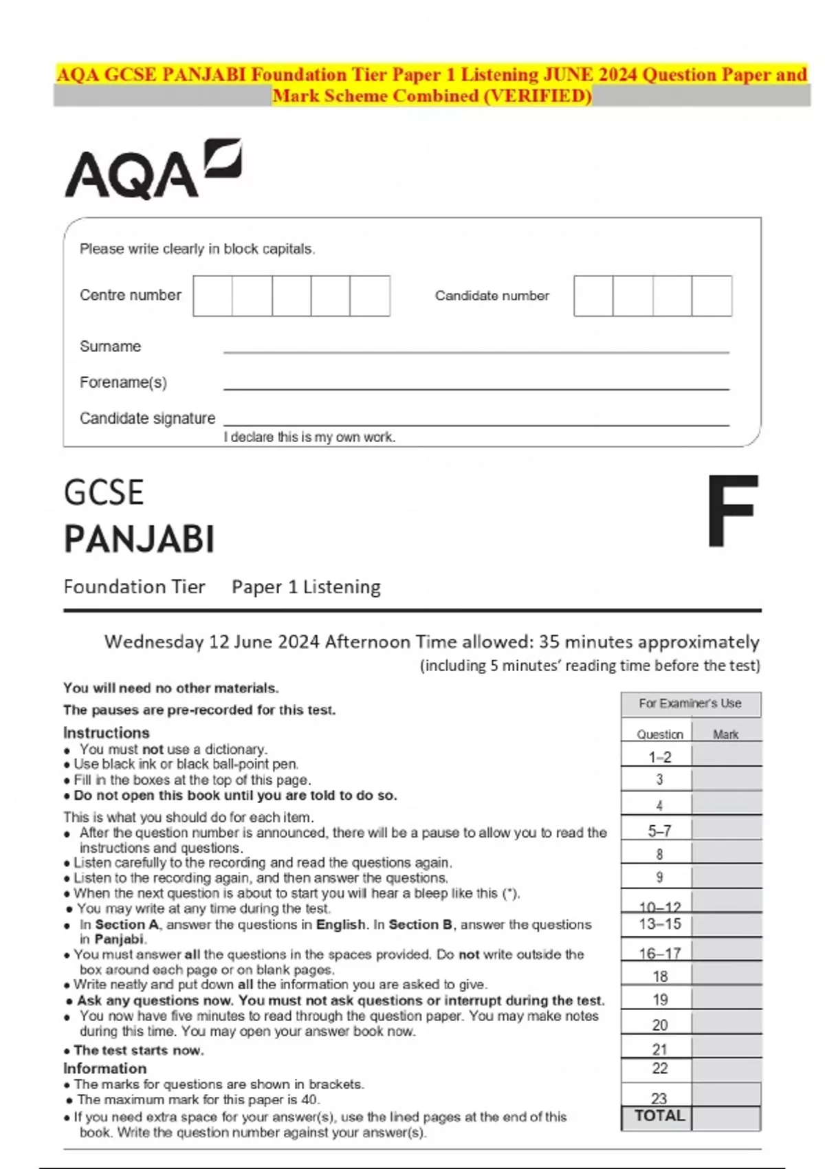 AQA GCSE PANJABI Foundation Tier Paper 1 Listening JUNE 2024 Question ...