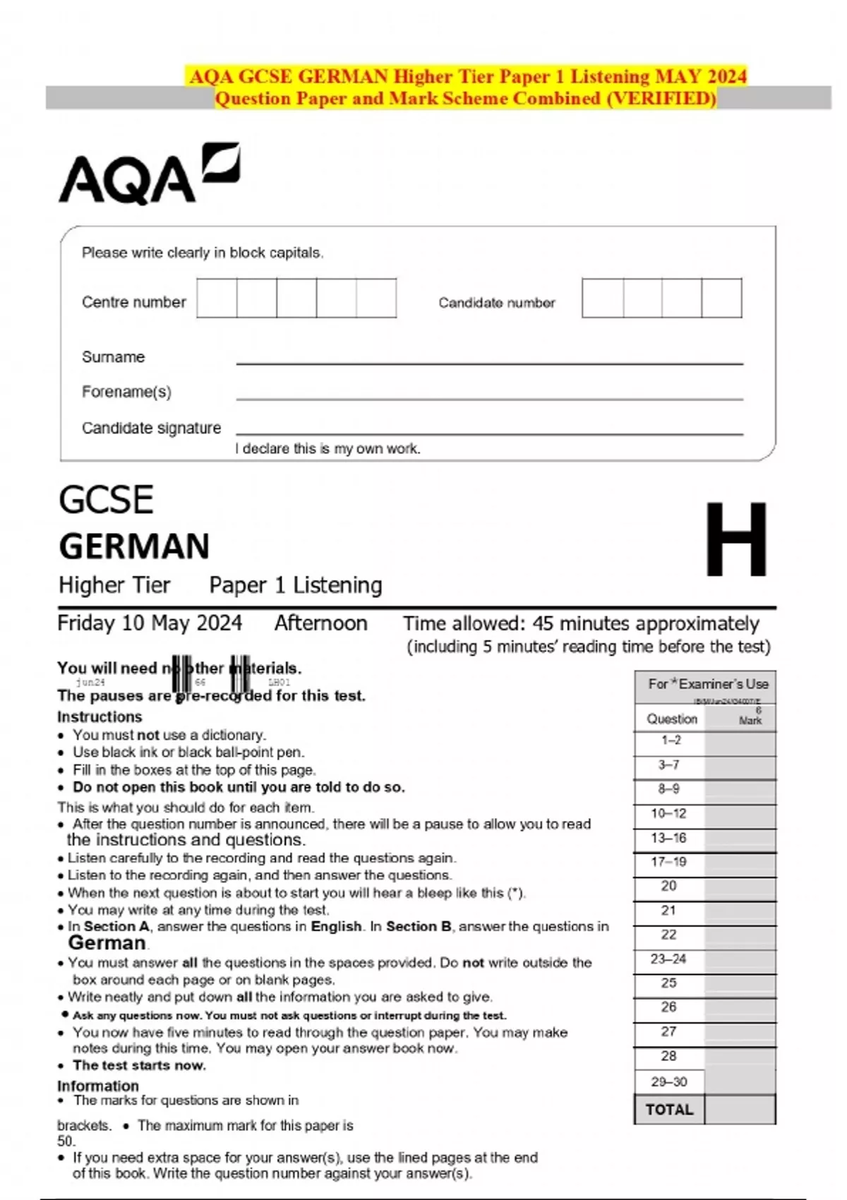 AQA GCSE GERMAN Higher Tier Paper 1 Listening MAY 2024 Question Paper ...