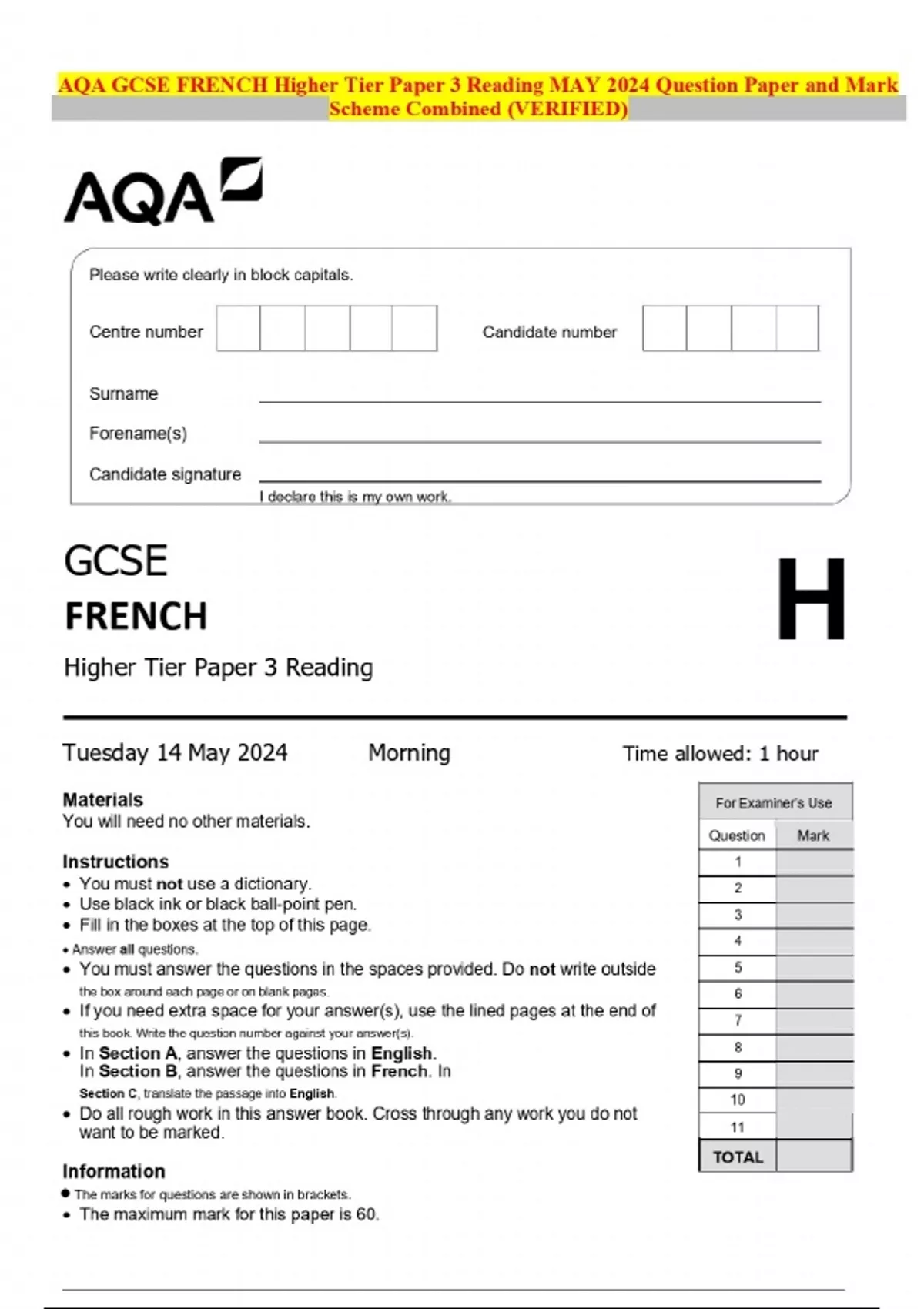 AQA GCSE FRENCH Higher Tier Paper 3 Reading MAY 2024 Question Paper and ...