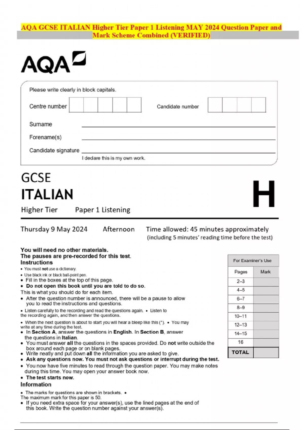 AQA GCSE ITALIAN Higher Tier Paper 1 Listening MAY 2024 Question Paper ...