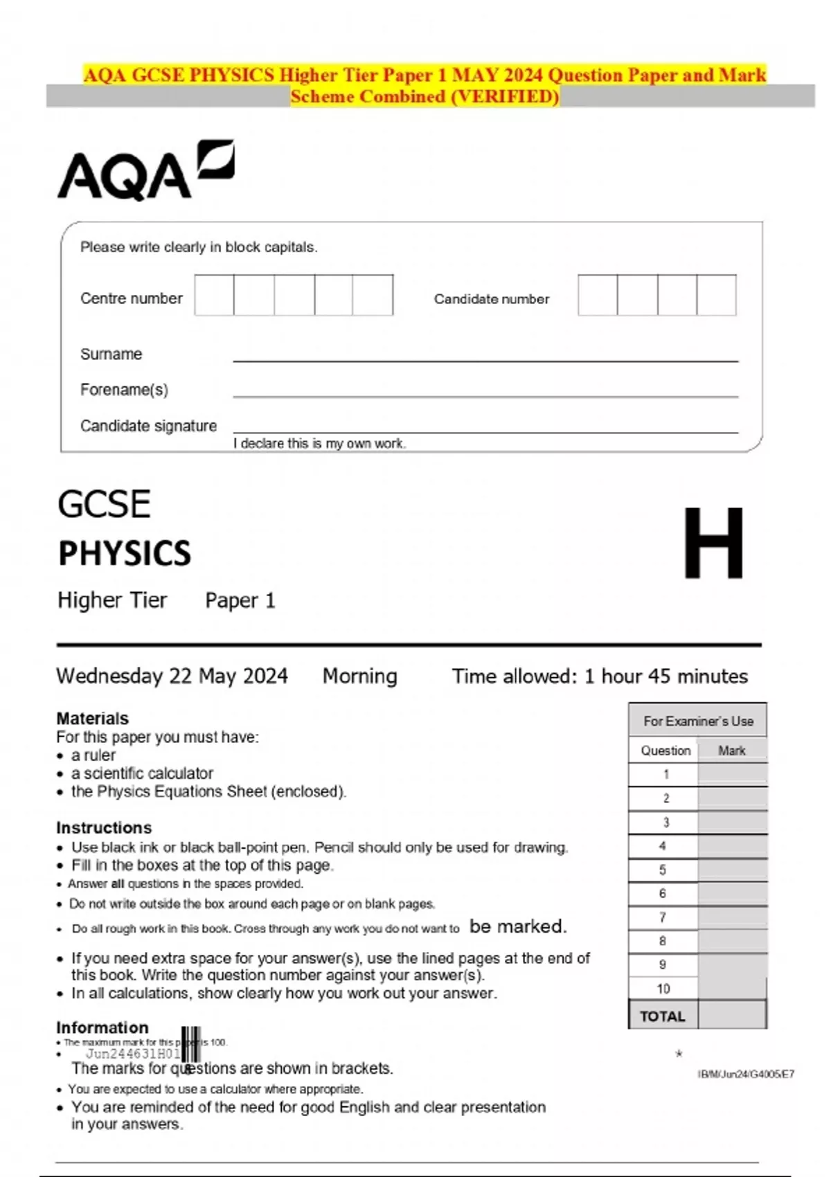 AQA GCSE PHYSICS Higher Tier Paper 1 MAY 2024 Question Paper and Mark ...