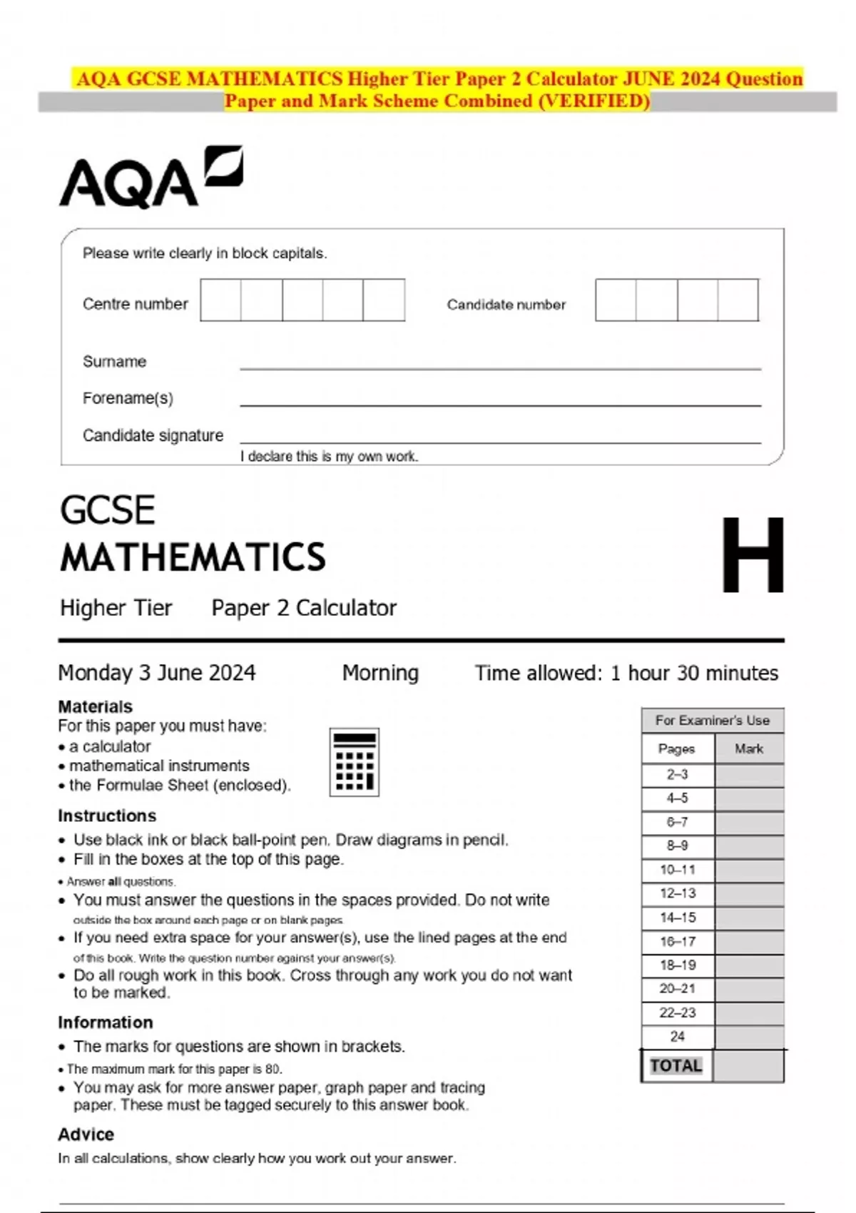 AQA GCSE MATHEMATICS Higher Tier Paper 2 Calculator JUNE 2024 Question ...