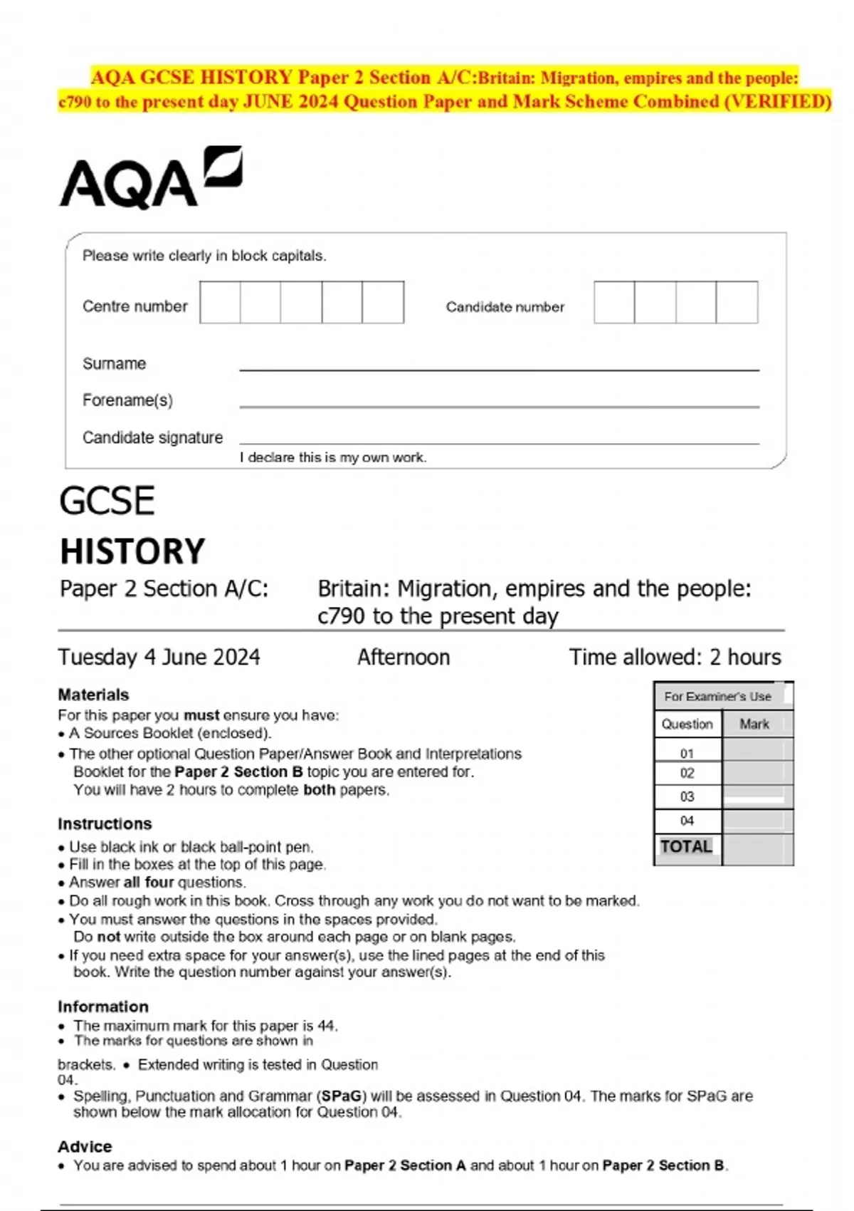 AQA GCSE HISTORY Paper 2 Section A/C:Britain: Migration, empires and ...