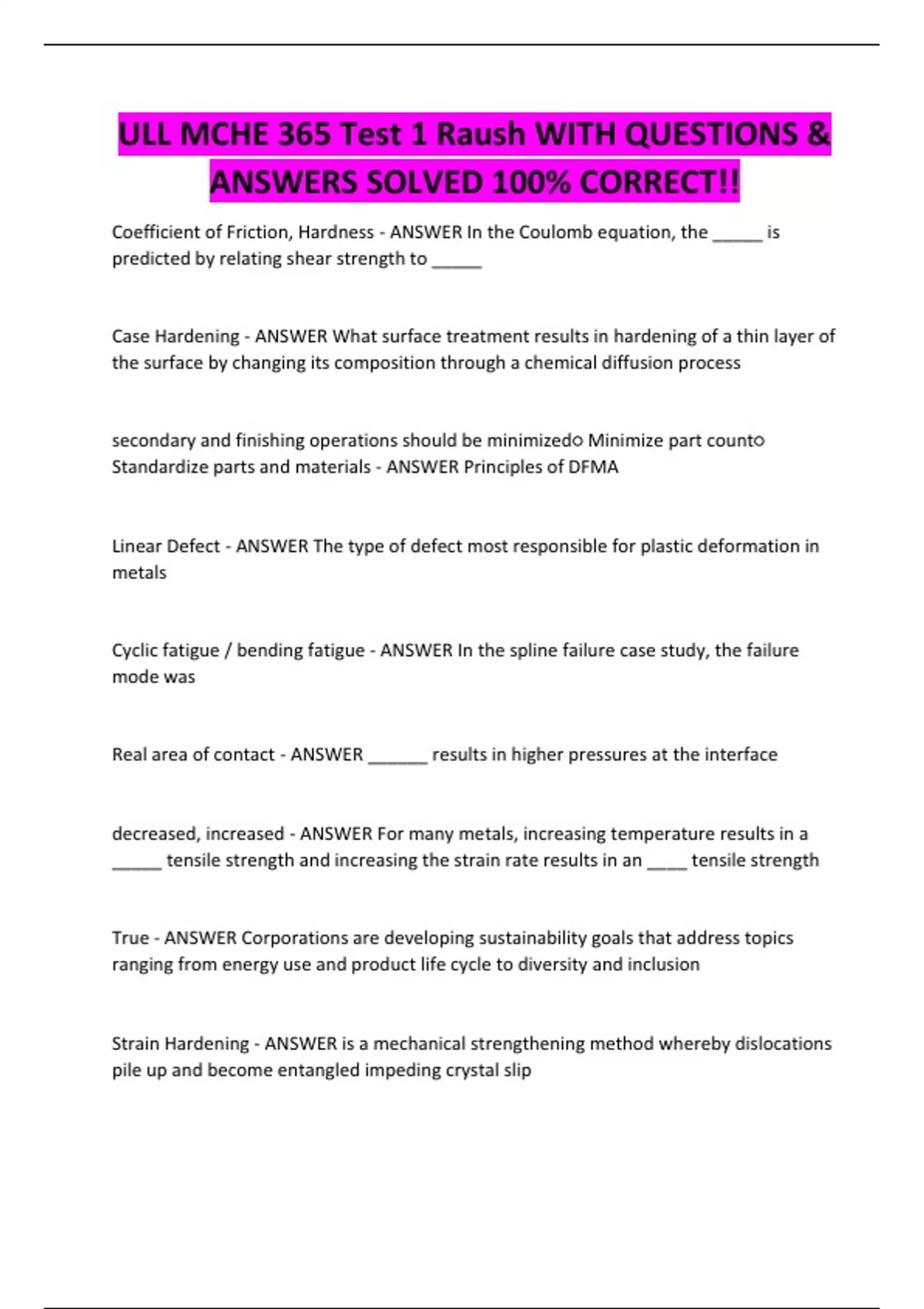 ULL MCHE 365 Test 1 Raush WITH QUESTIONS & ANSWERS SOLVED 100% CORRECT ...