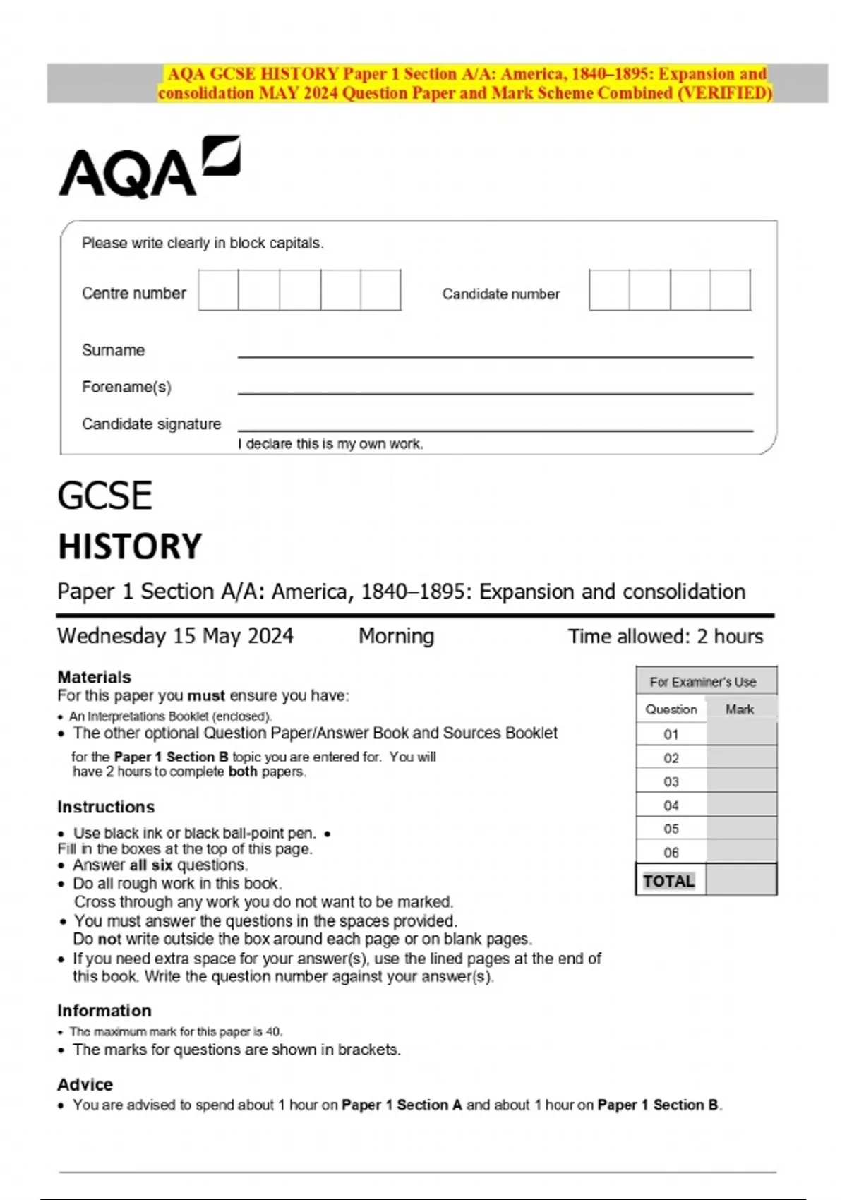 AQA GCSE HISTORY Paper 1 Section A/A: America, 1840–1895: Expansion and ...