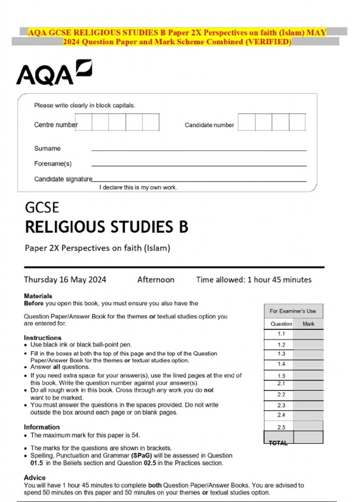 AQA GCSE RELIGIOUS STUDIES B Paper 2X Perspectives on faith (Islam) MAY ...