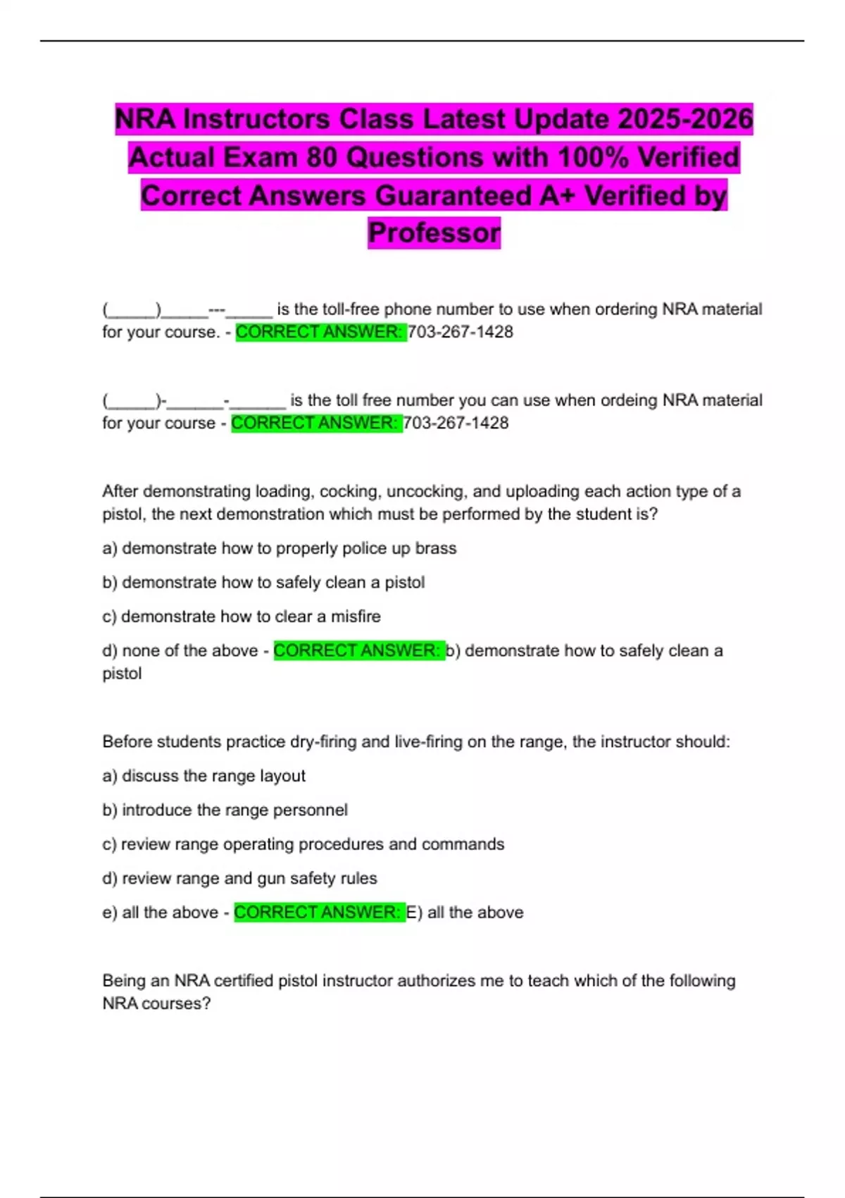 NRA Instructors Class Latest Update Actual Exam 80 Questions with 100% ...