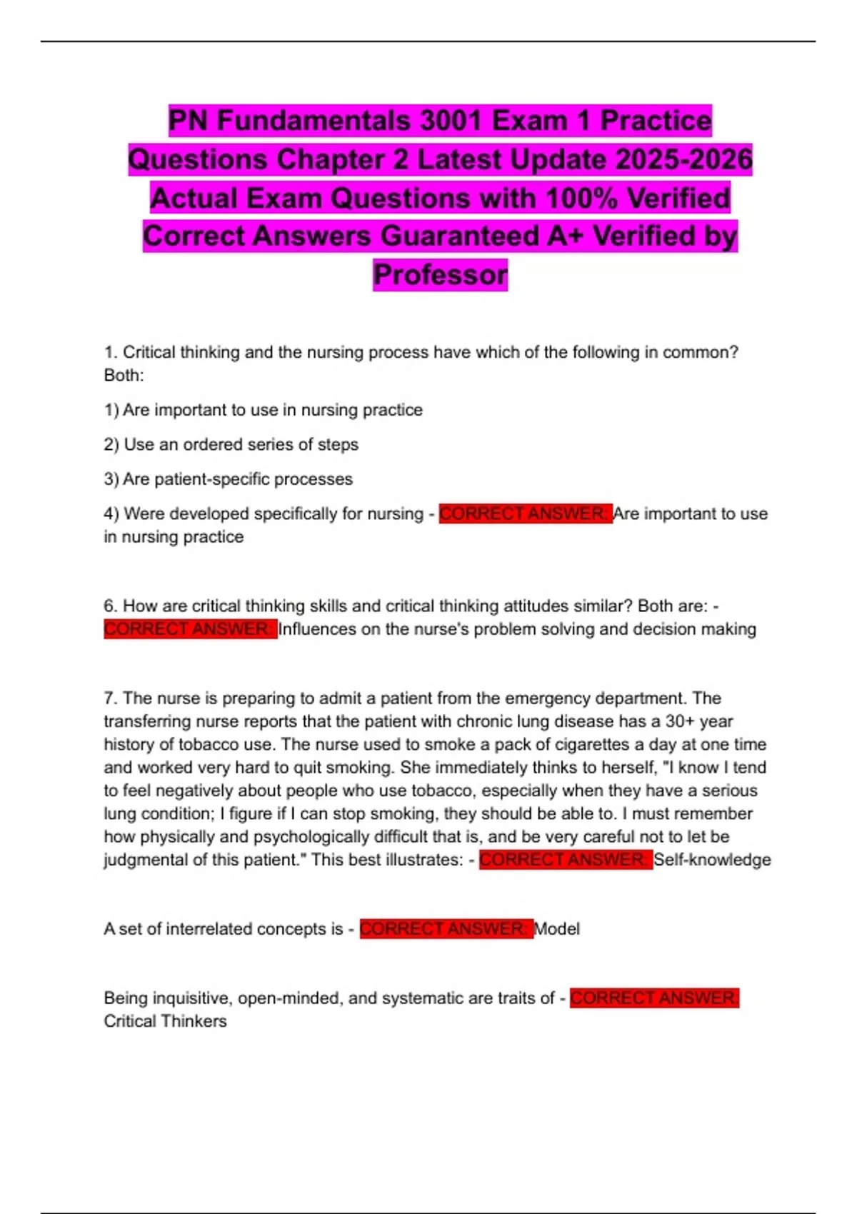 PN Fundamentals 3001 Exam 1 Practice Questions Chapter 2 Latest Update ...