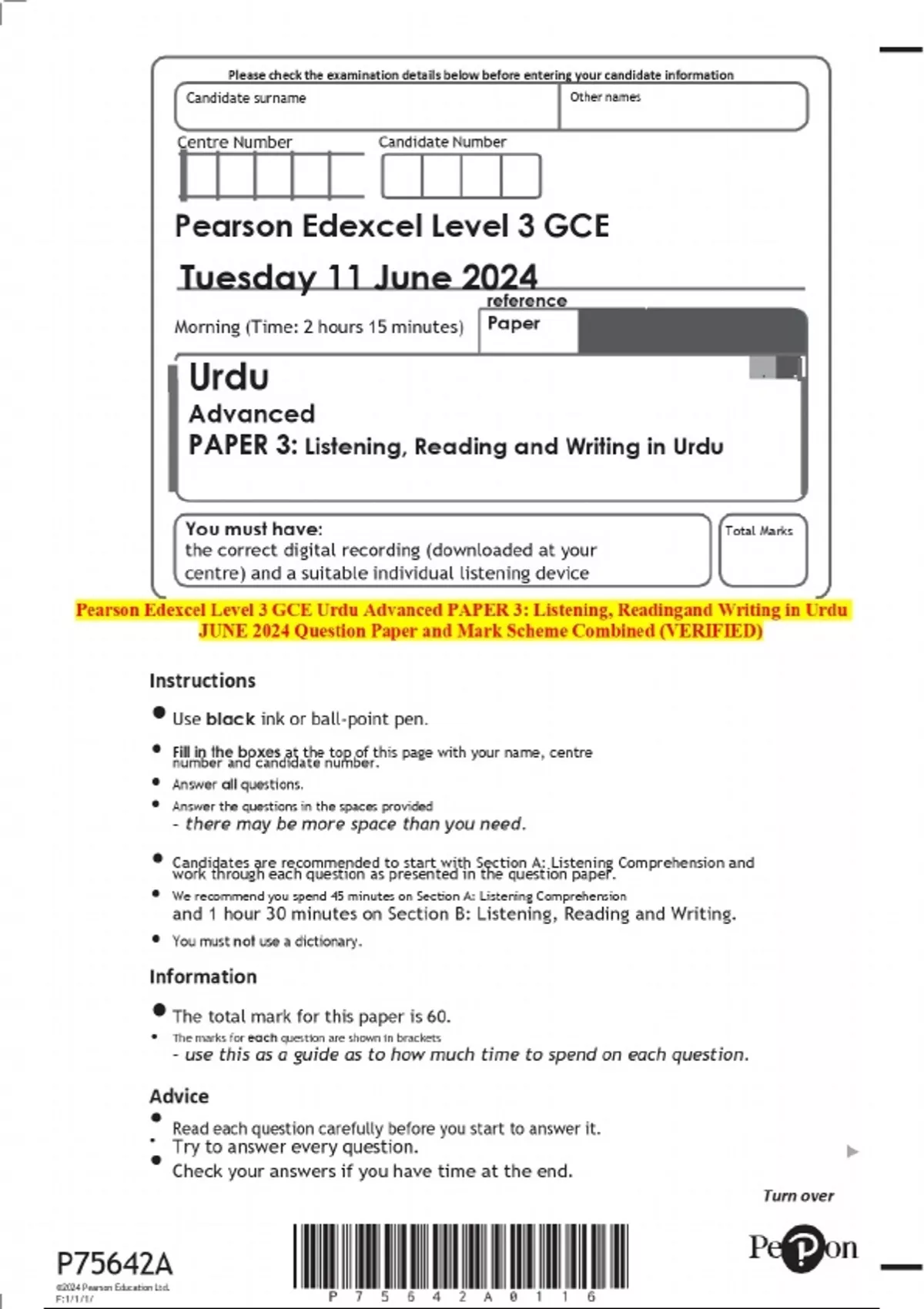 Pearson Edexcel Level 3 GCE Urdu Advanced PAPER 3: Listening ...