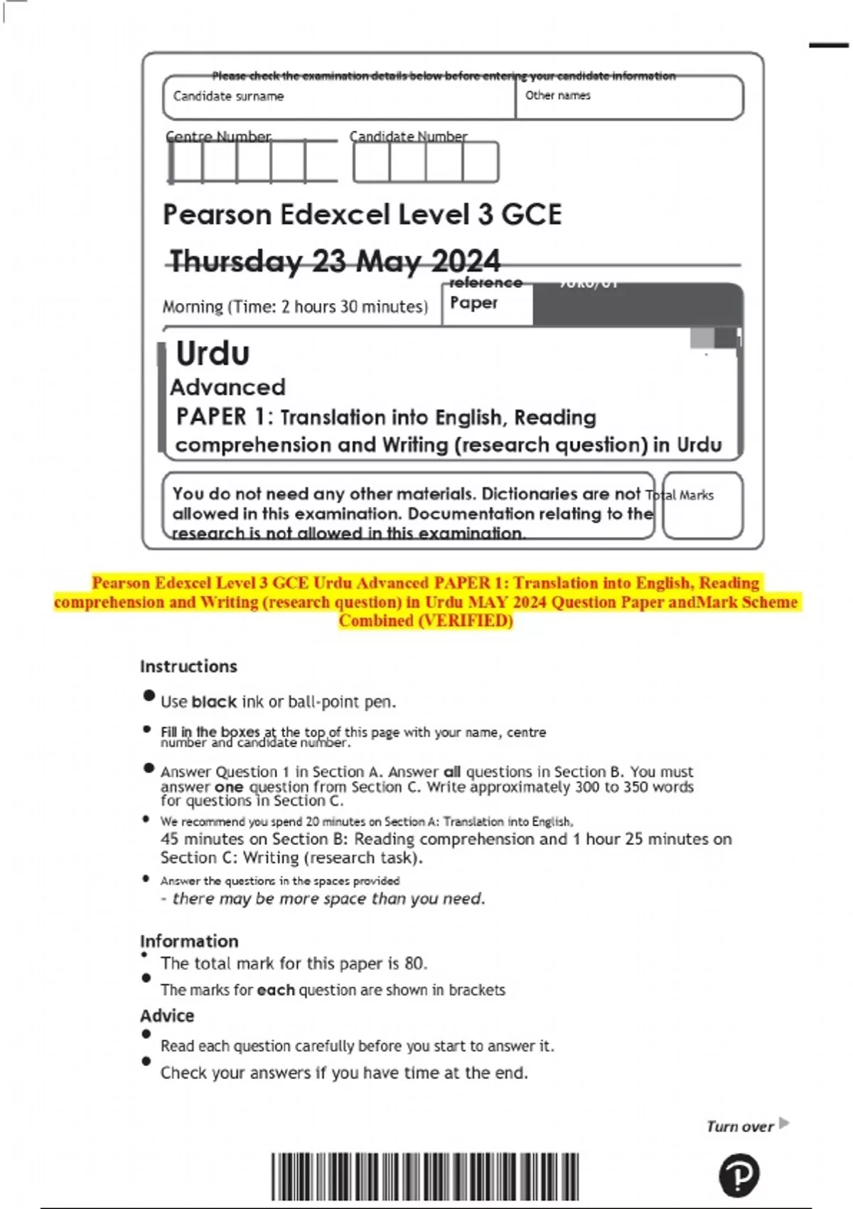 Pearson Edexcel Level 3 GCE Urdu Advanced PAPER 1: Translation into ...