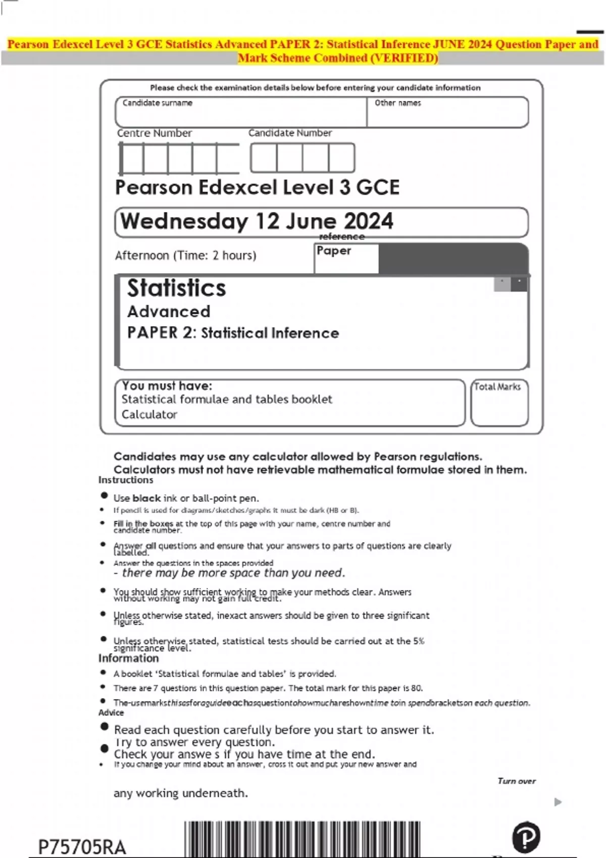 Pearson Edexcel Level 3 GCE Statistics Advanced PAPER 2: Statistical ...