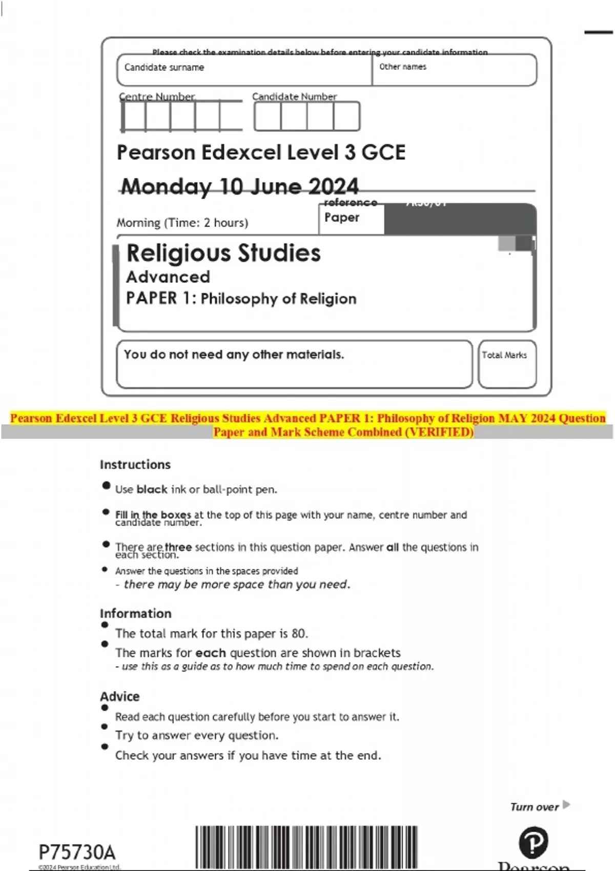 Pearson Edexcel Level 3 GCE Religious Studies Advanced PAPER 1 ...