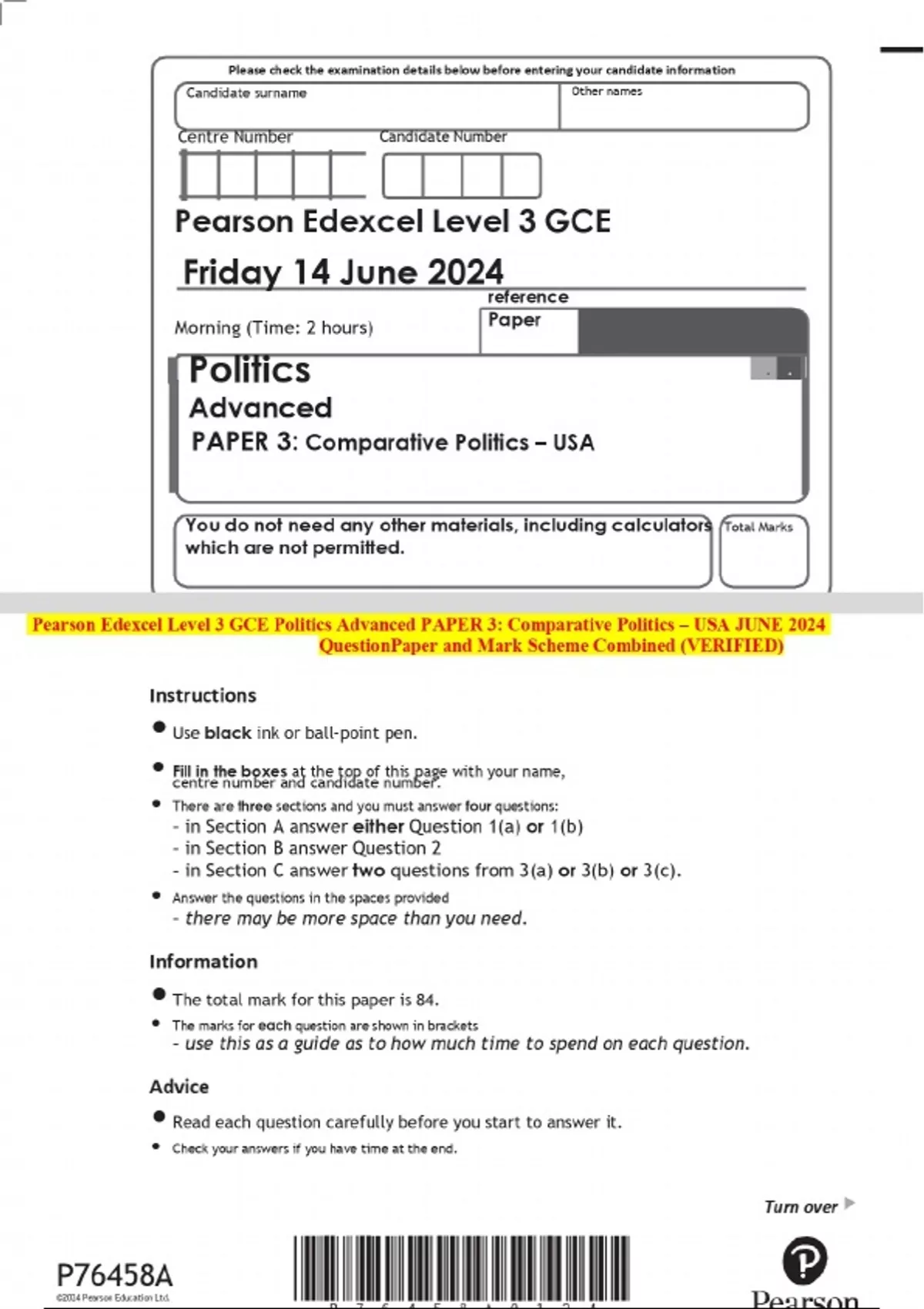 Pearson Edexcel Level 3 GCE Politics Advanced PAPER 3: Comparative ...
