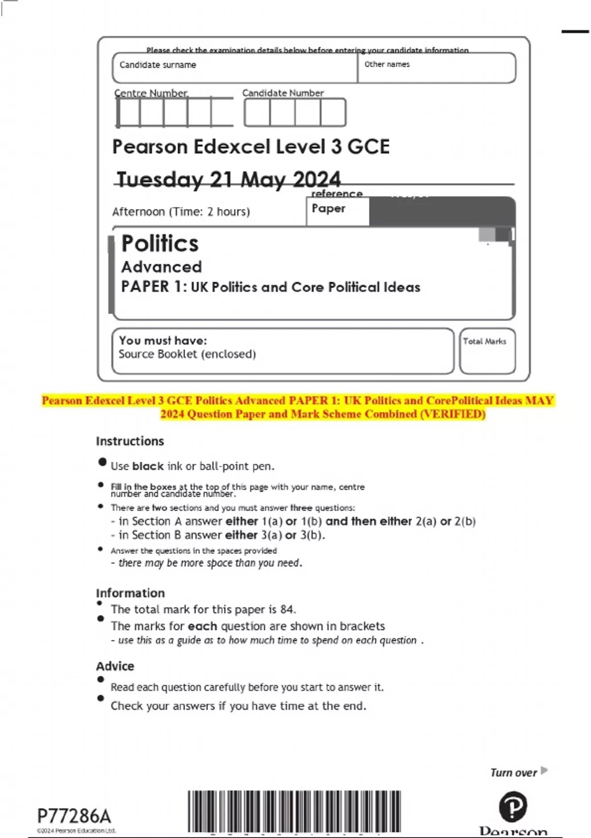 Pearson Edexcel Level 3 GCE Politics Advanced PAPER 1: UK Politics and ...