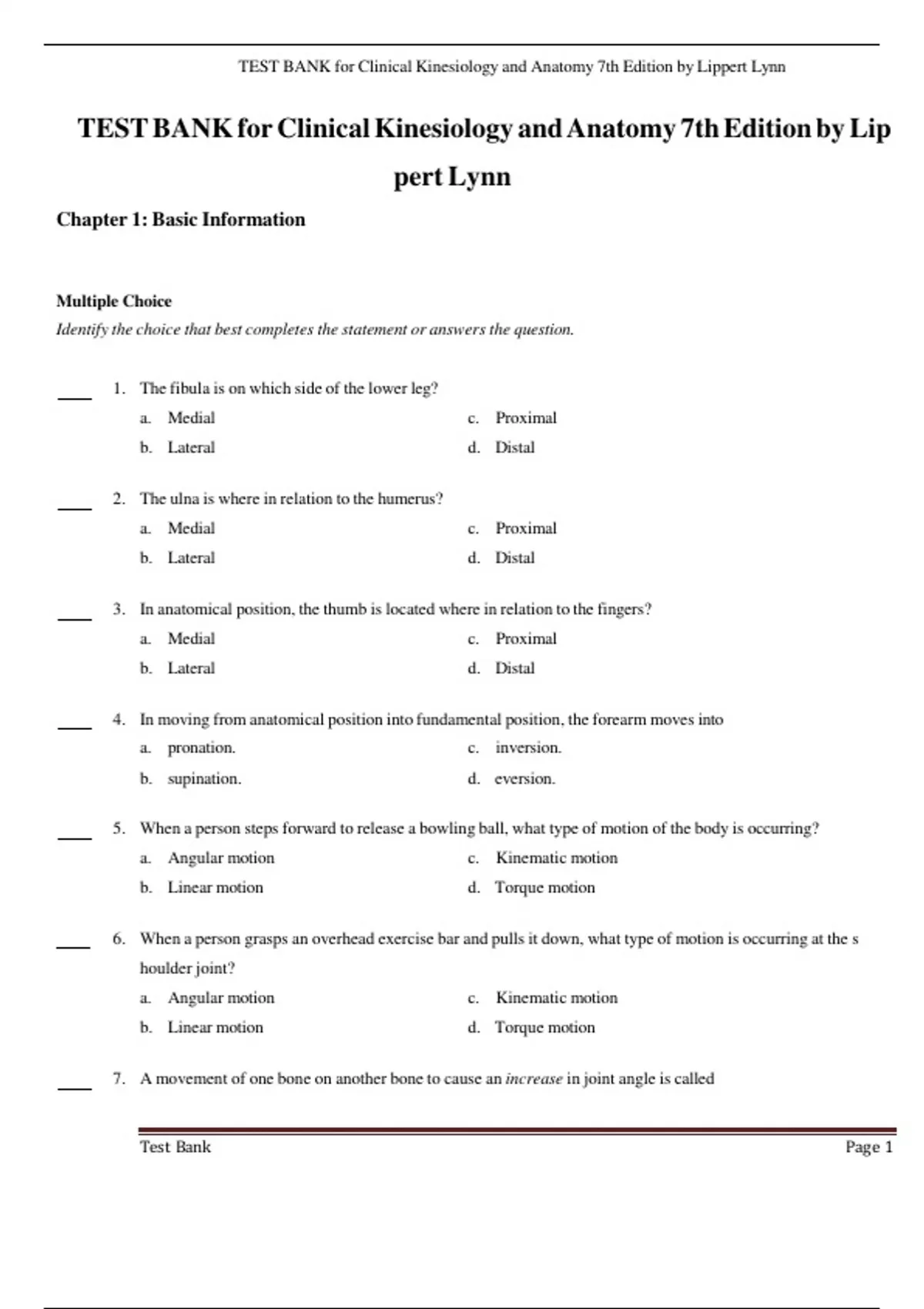 TEST BANK for Clinical Kinesiology and Anatomy 7th Edition by Lippert ...