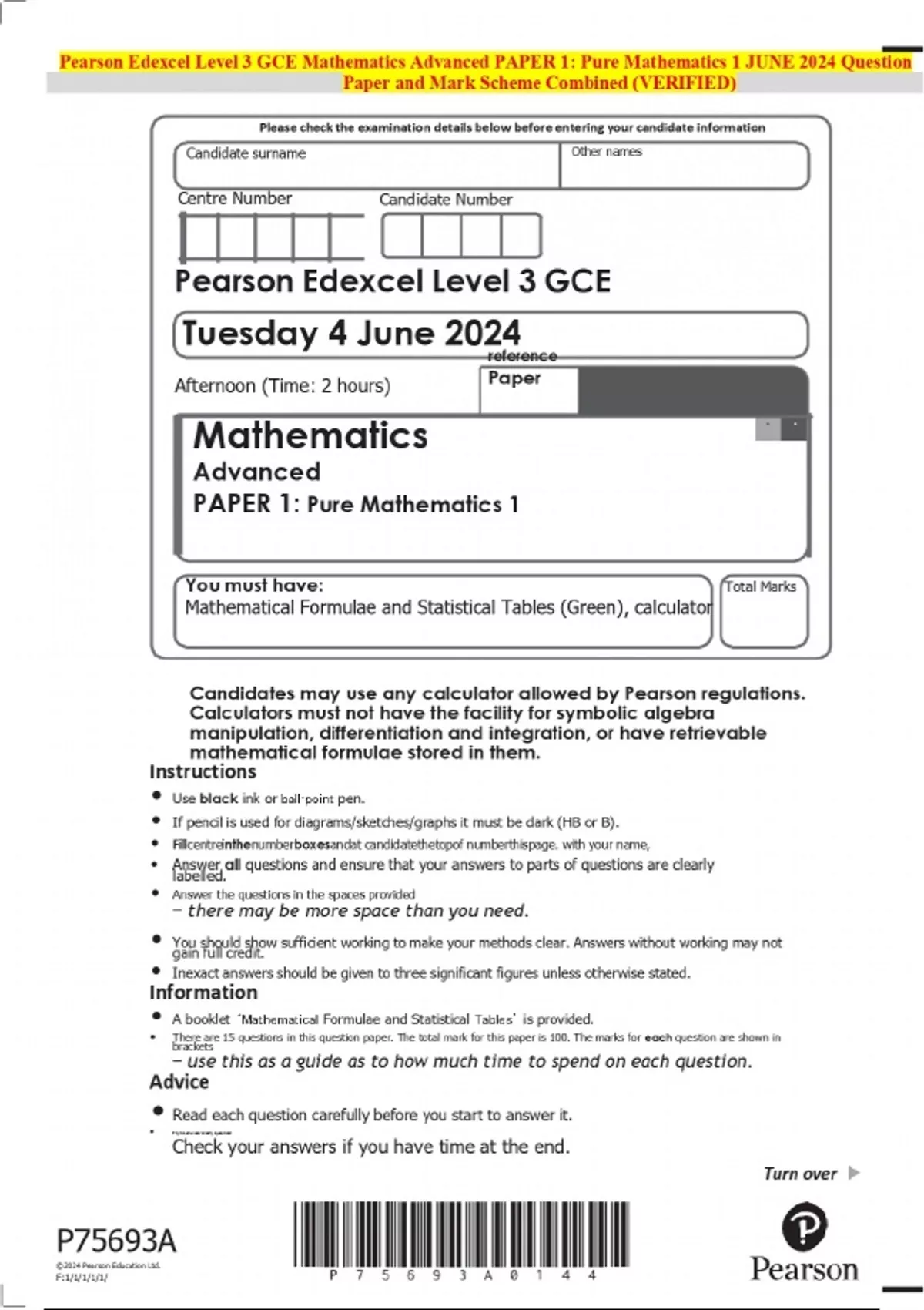 Pearson Edexcel Level 3 GCE Mathematics Advanced PAPER 1: Pure ...