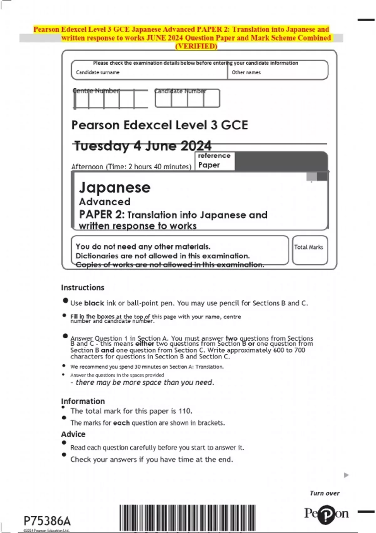 Pearson Edexcel Level 3 GCE Japanese Advanced PAPER 2: Translation into ...