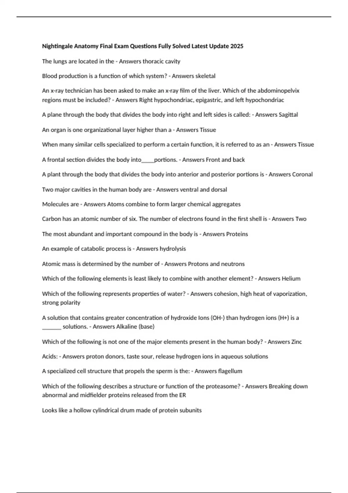 Nightingale Anatomy Final Exam Questions Fully Solved Latest Update ...