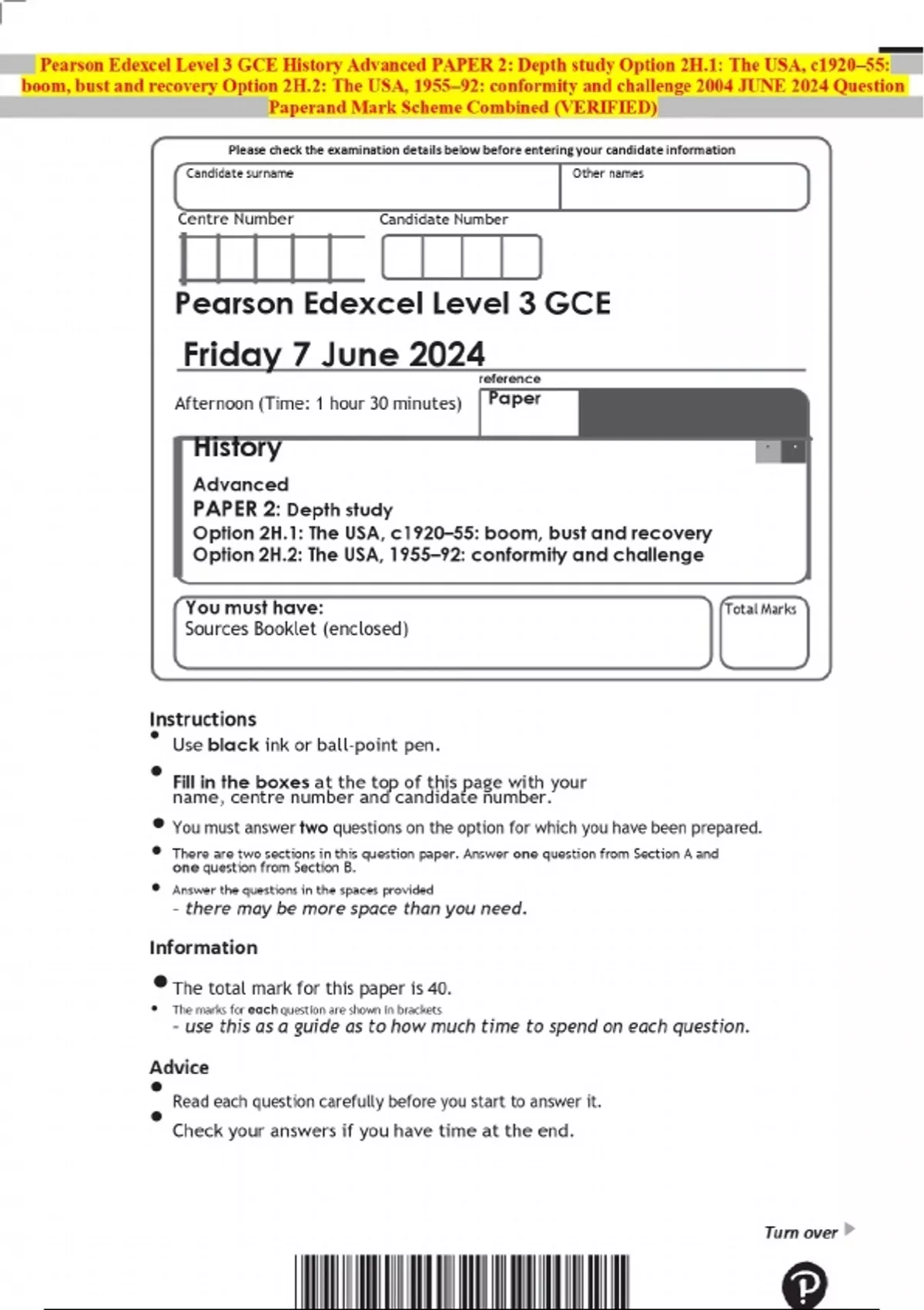 EXAMS BUNDLE:::::Pearson Edexcel Level 3 GCE History Advanced PAPER 2 ...