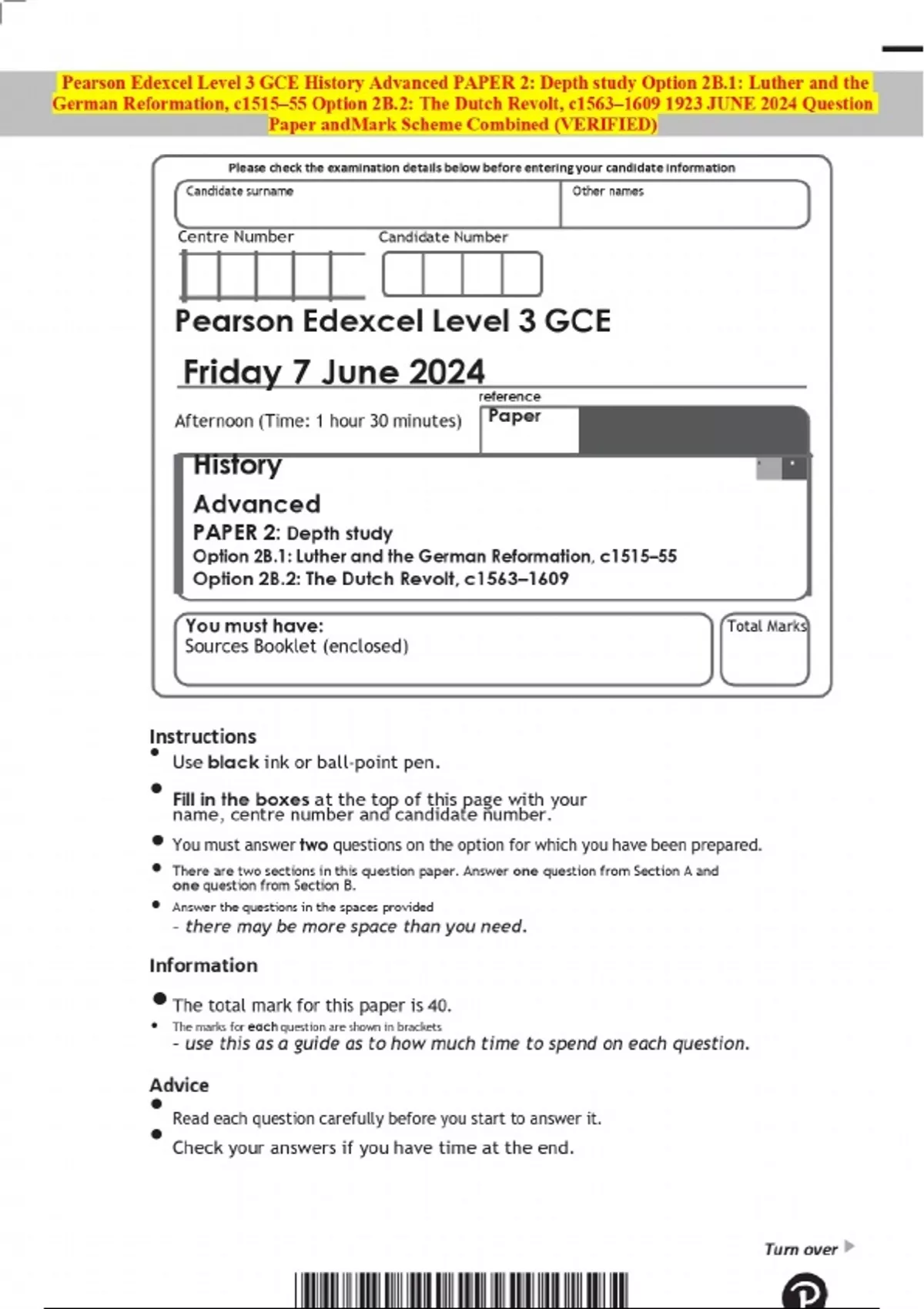 Pearson Edexcel Level 3 GCE History Advanced PAPER 2: Depth study ...